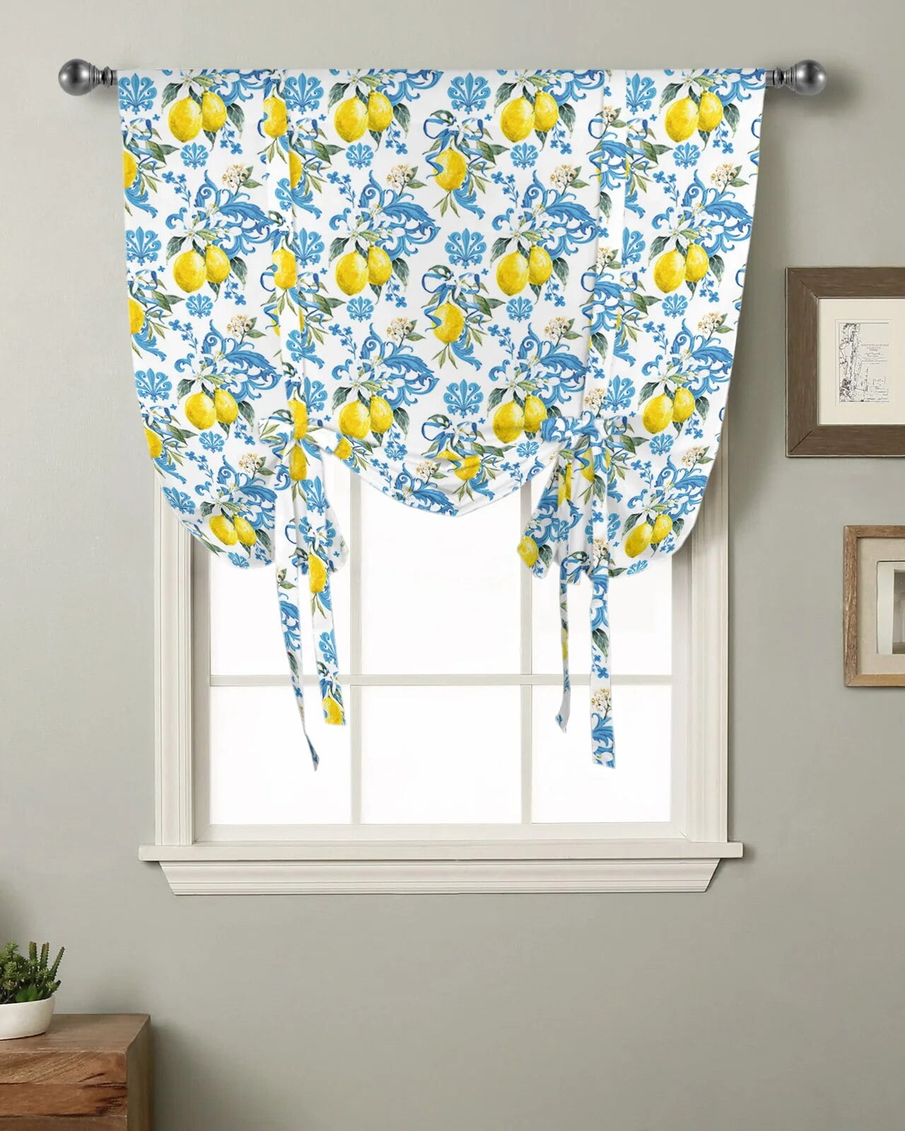 Lemon Baroque Flower Blue White Kitchen Short Window Curtain Rod Pocket ...