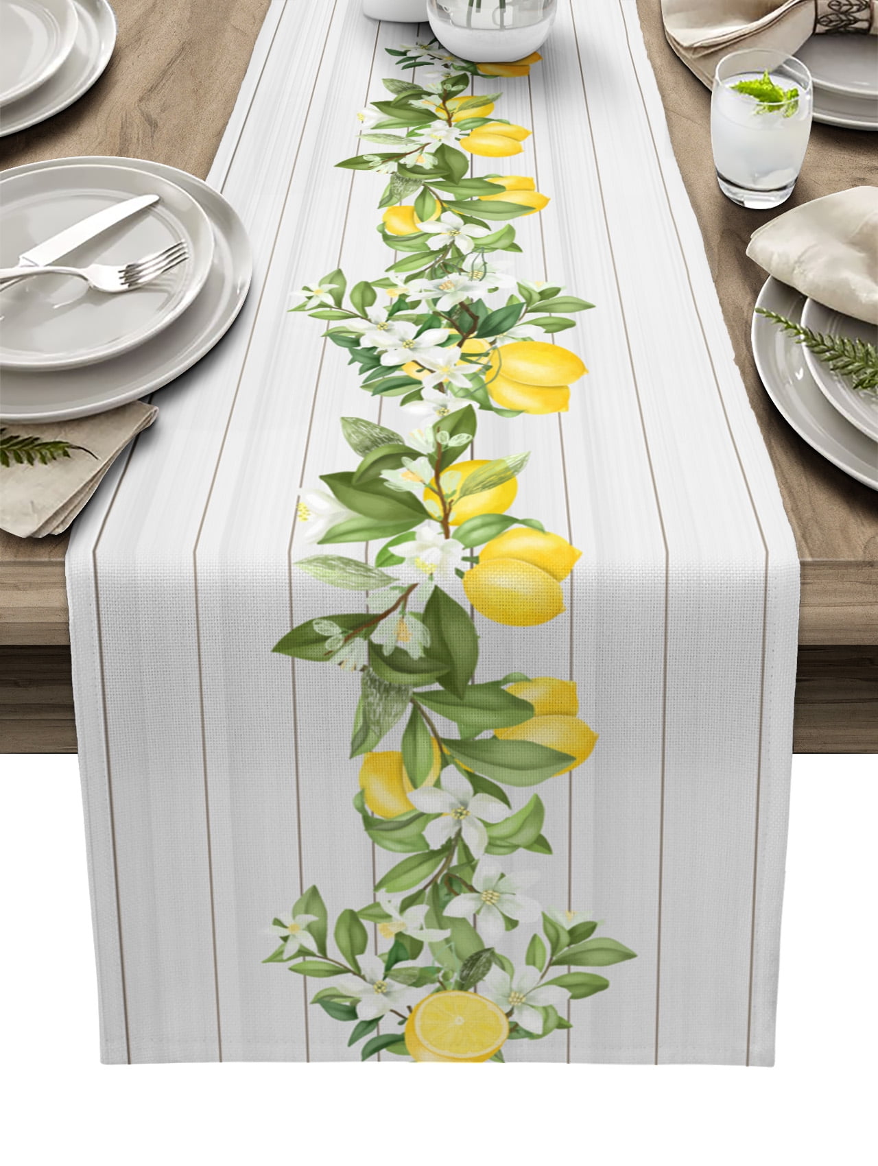 Lemon Baroque Flower Blue White Linen Table Runner Kitchen Table ration ...