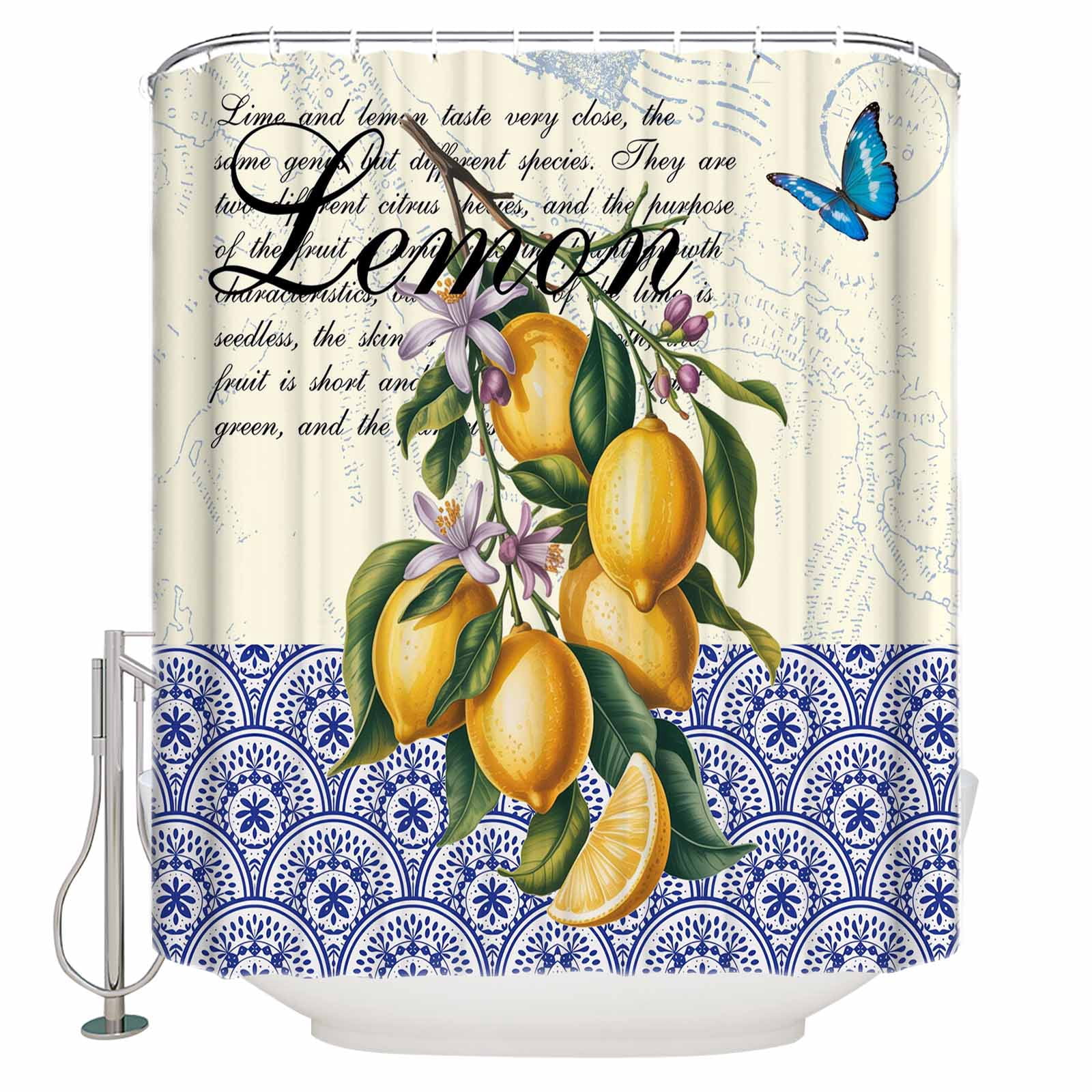 Lemon Bathroom Shower Curtains with 12 Hooks Polyester Waterproof ...
