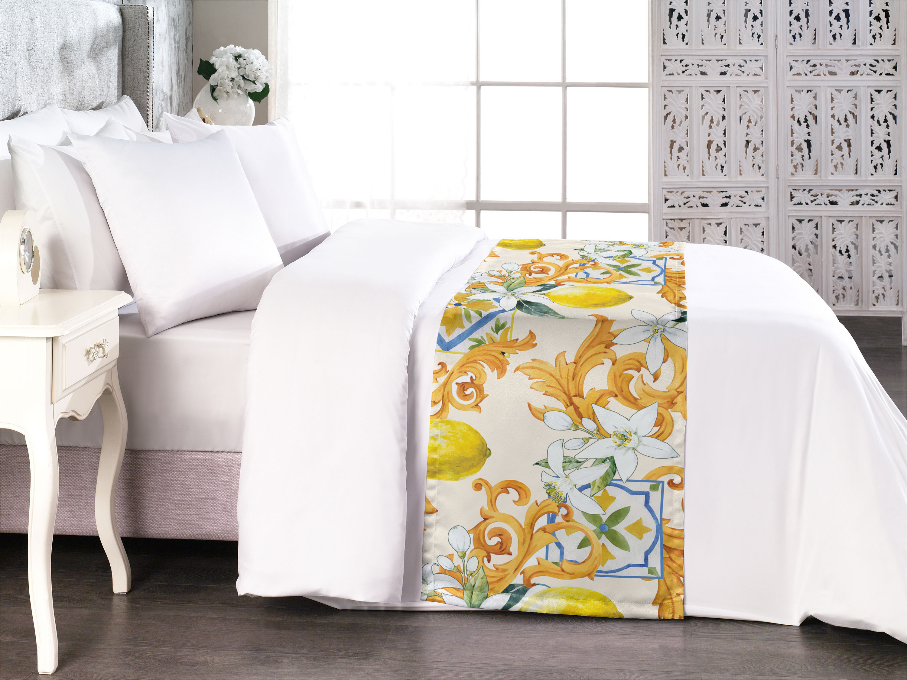 Lemon Bed Runner, Ethnic Mediterranean Inspired Flowers and Citrus ...