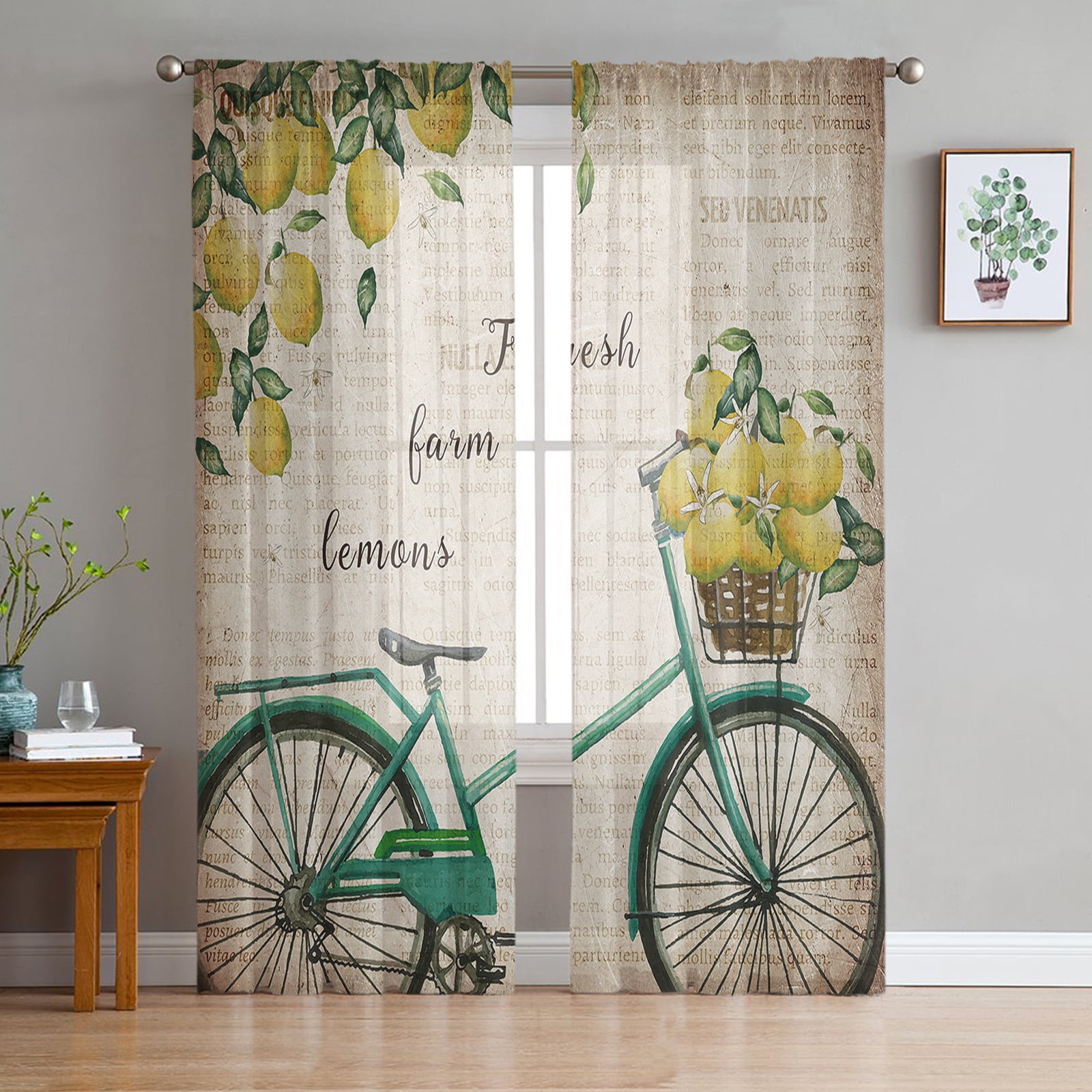 Lemon Bicycle Retro Old Newspaper Tulle Curtains for Living Room Bedroom ration Chiffon Sheer ...