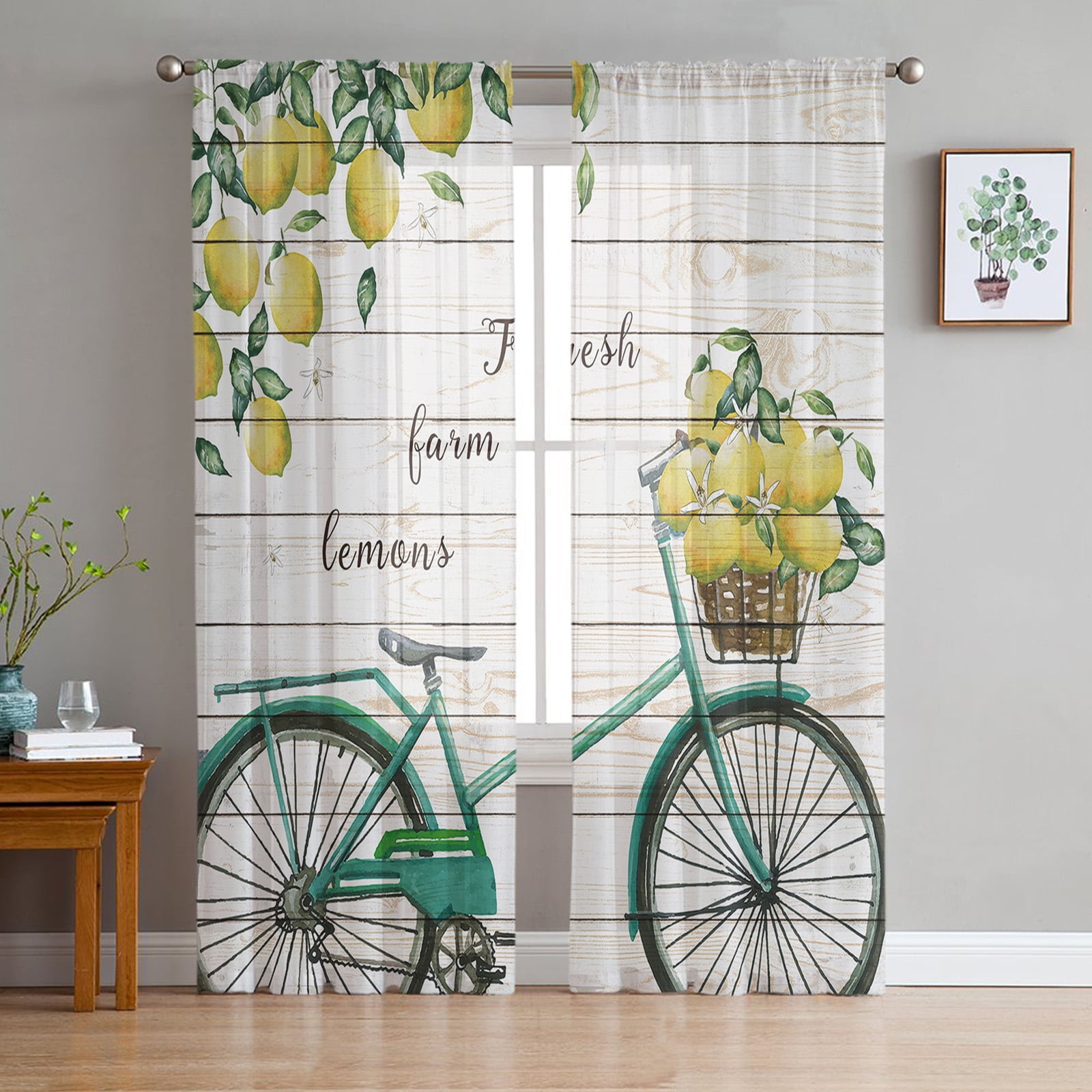 Lemon Bicycle Wooden Board Texture Tulle Curtains for Living Room Bedroom ration Chiffon Sheer ...