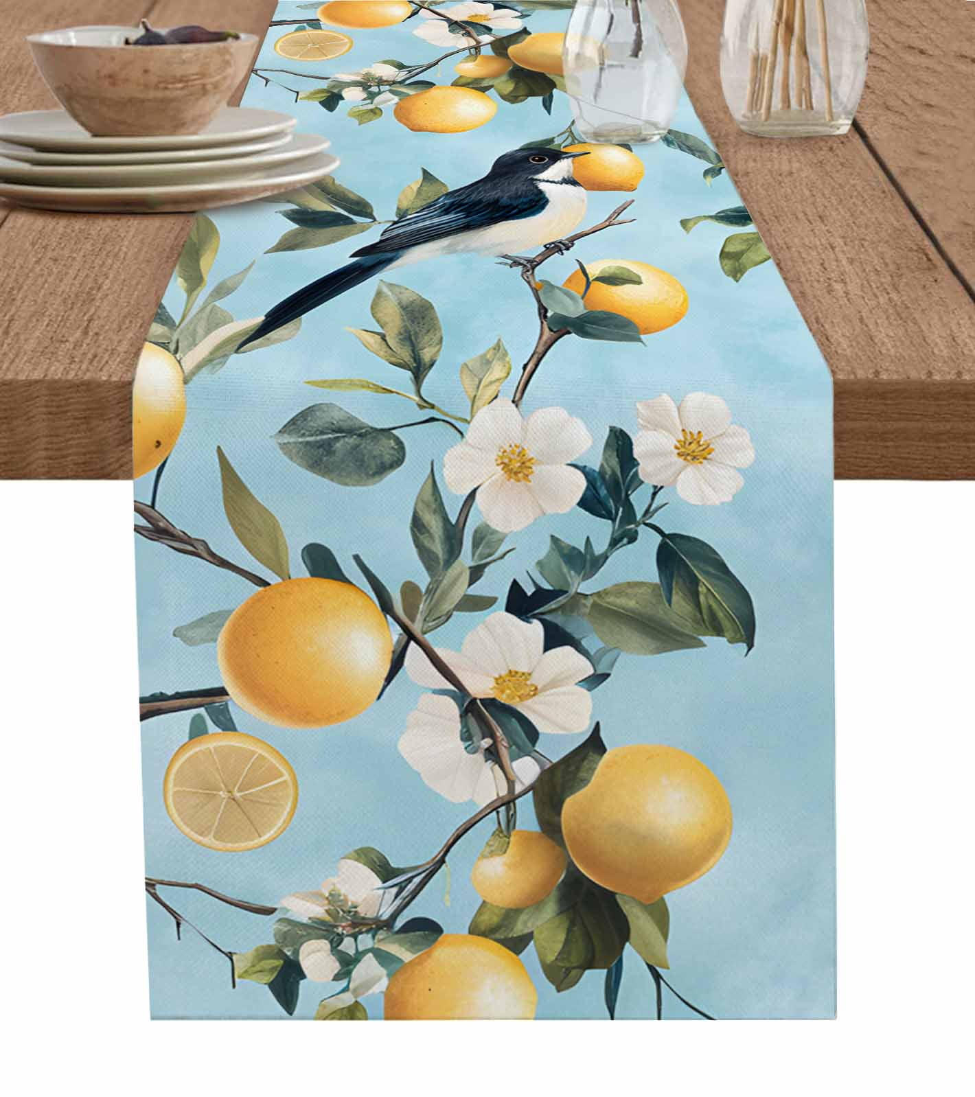 Lemon Bird Burlap Cotton Table Runner 16x72 Inches Long, Blue ...
