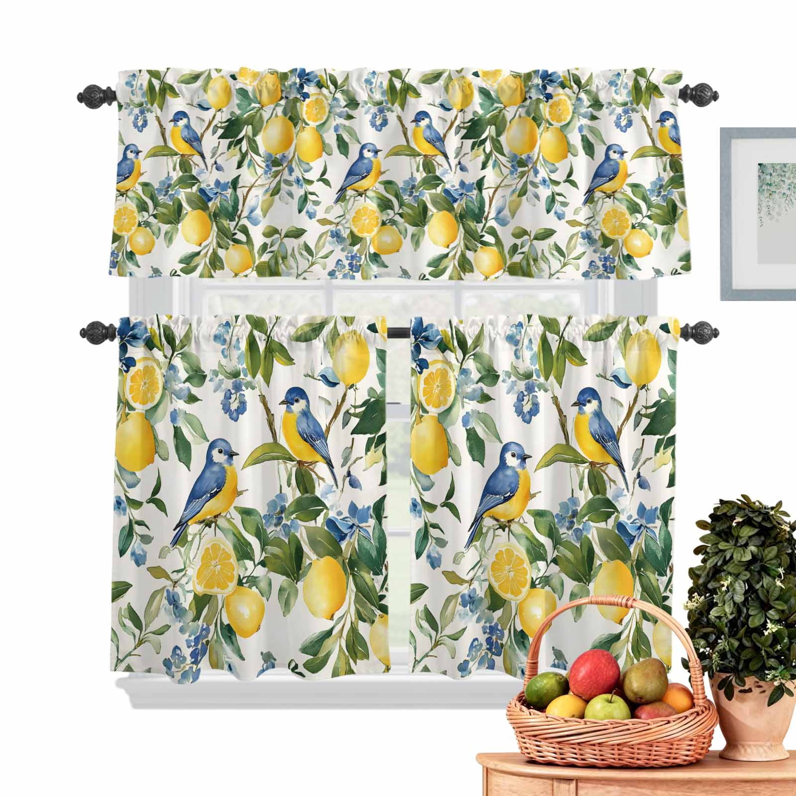 Lemon Bird Kitchen Curtains Valances 3 Piece Set, Fruit Leaves Branch ...