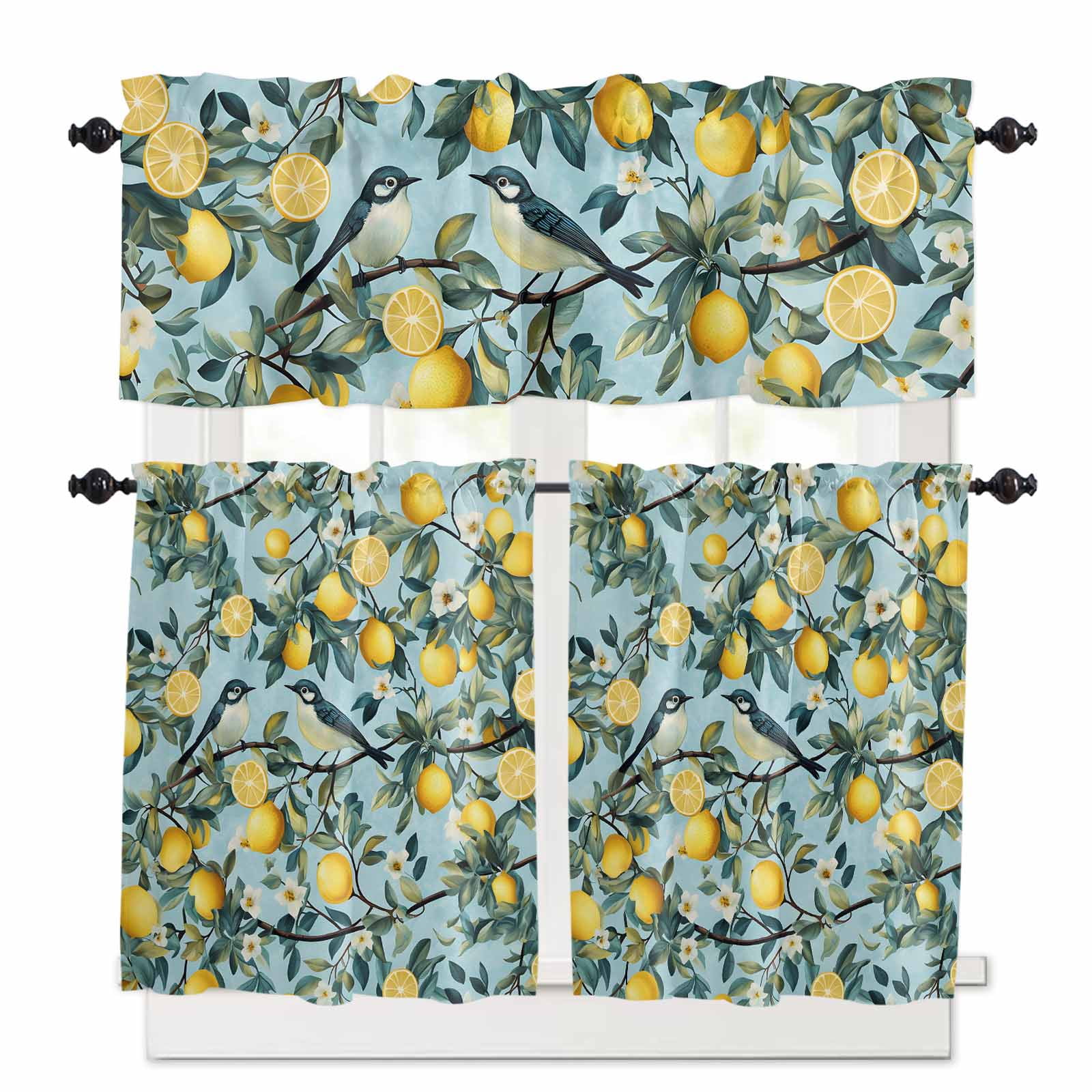 Lemon Bird Kitchen Curtains Valances and Tiers Set of 3 Spring Summer ...