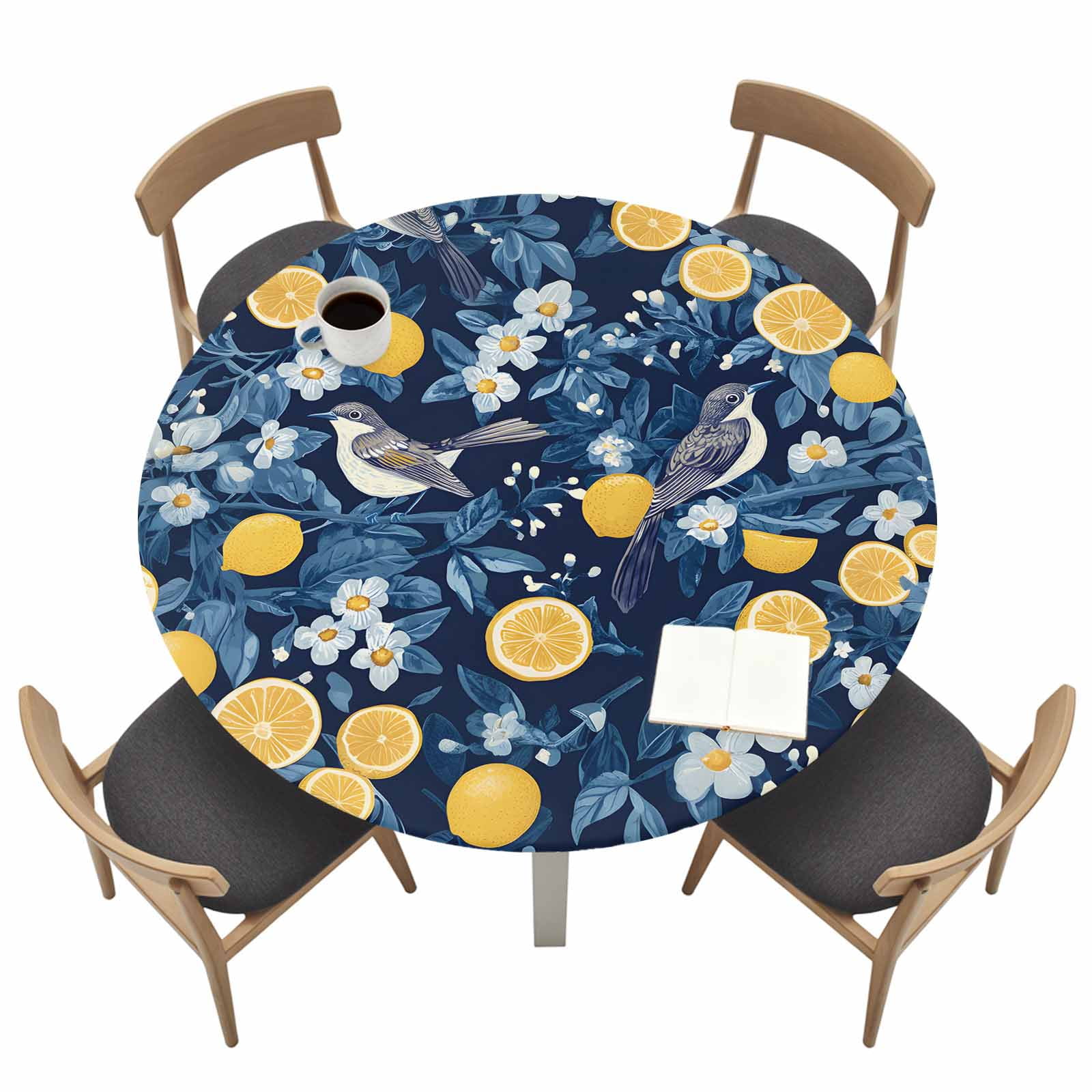 Lemon Bird Round Fitted Tablecloth with Elastic Edge Spring Summer Blue ...