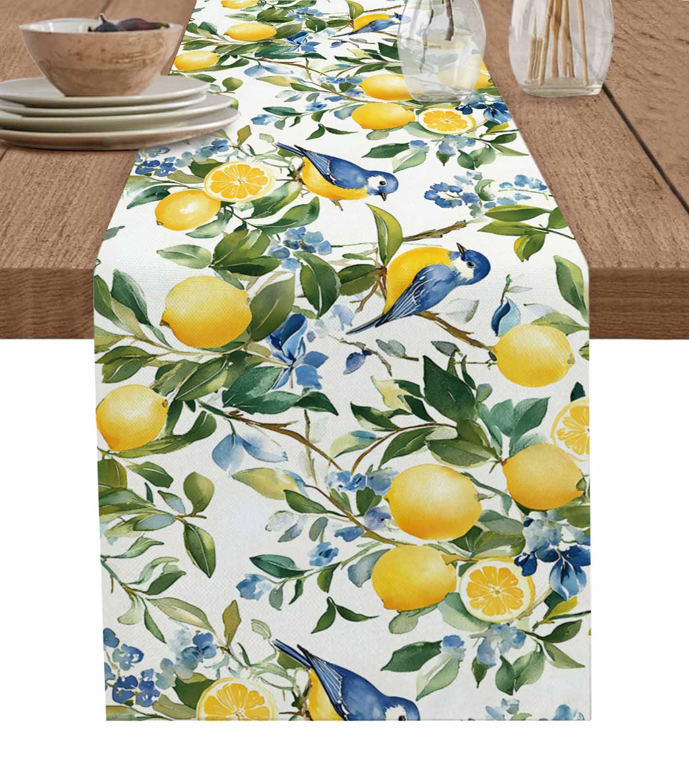 Lemon Bird Table Runner 108 Inches, Watercolor Yellow Green Foliage ...