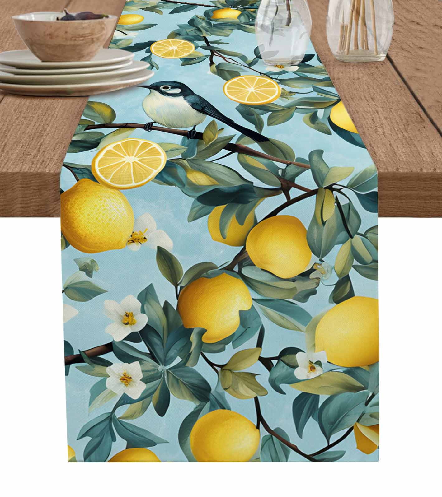 Lemon Bird Table Runner 120 Inches, Farmhouse Flowers Plant Leaf Spring ...