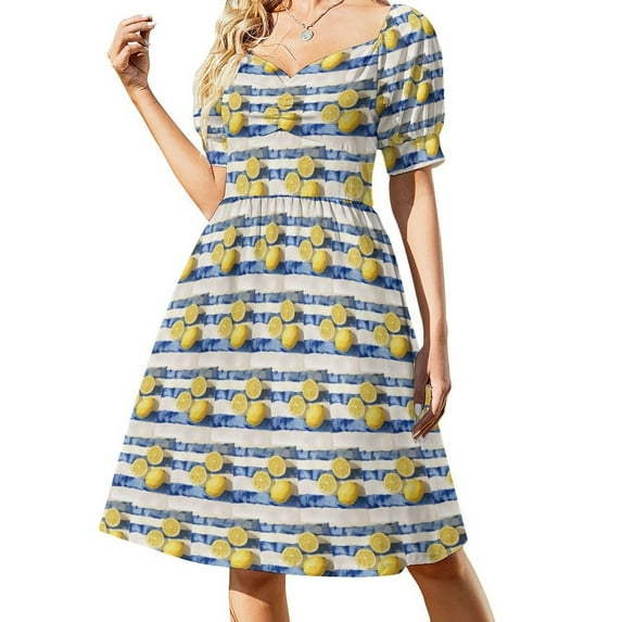 Lemon Blue Stripes Short Sleeve Dress Clothes Women's Summer Dress ...