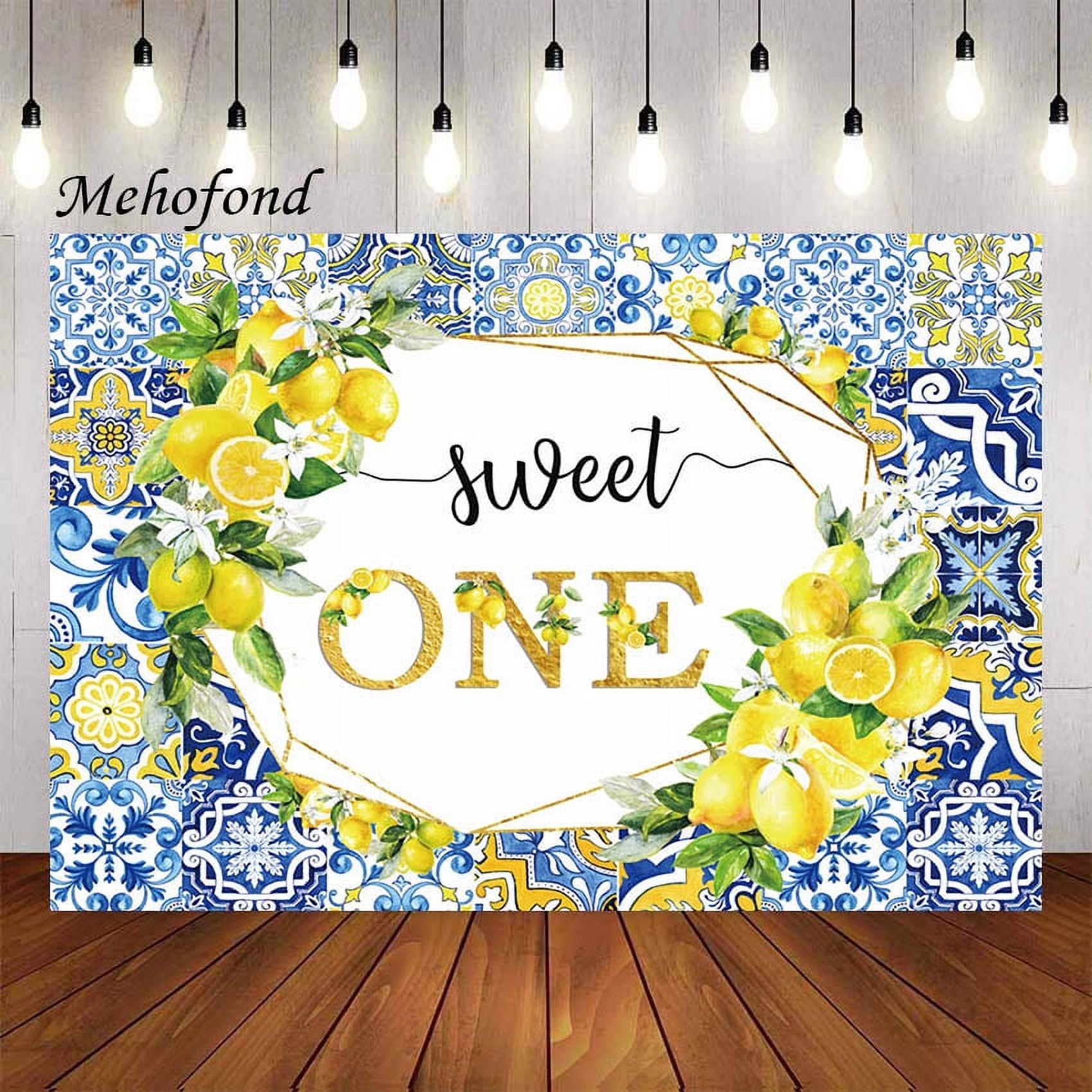 Lemon Blue Tile Floral Print Sweet One Baby Shower Party Cake Table r ...