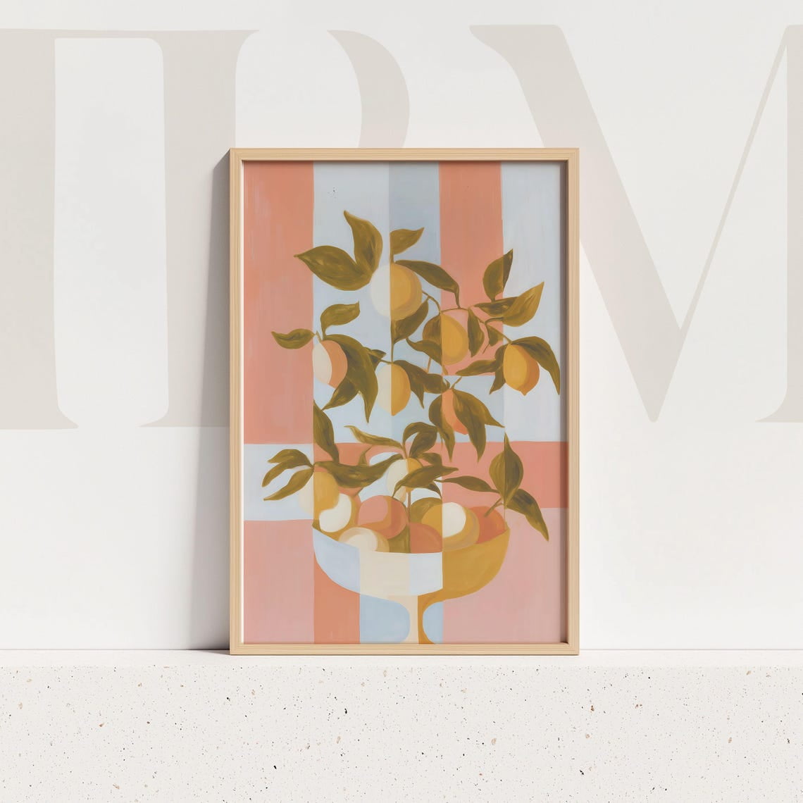 Lemon Bowl Wall Art Print Abstract Cubist Fruit Retro Pedestal Artwork ...