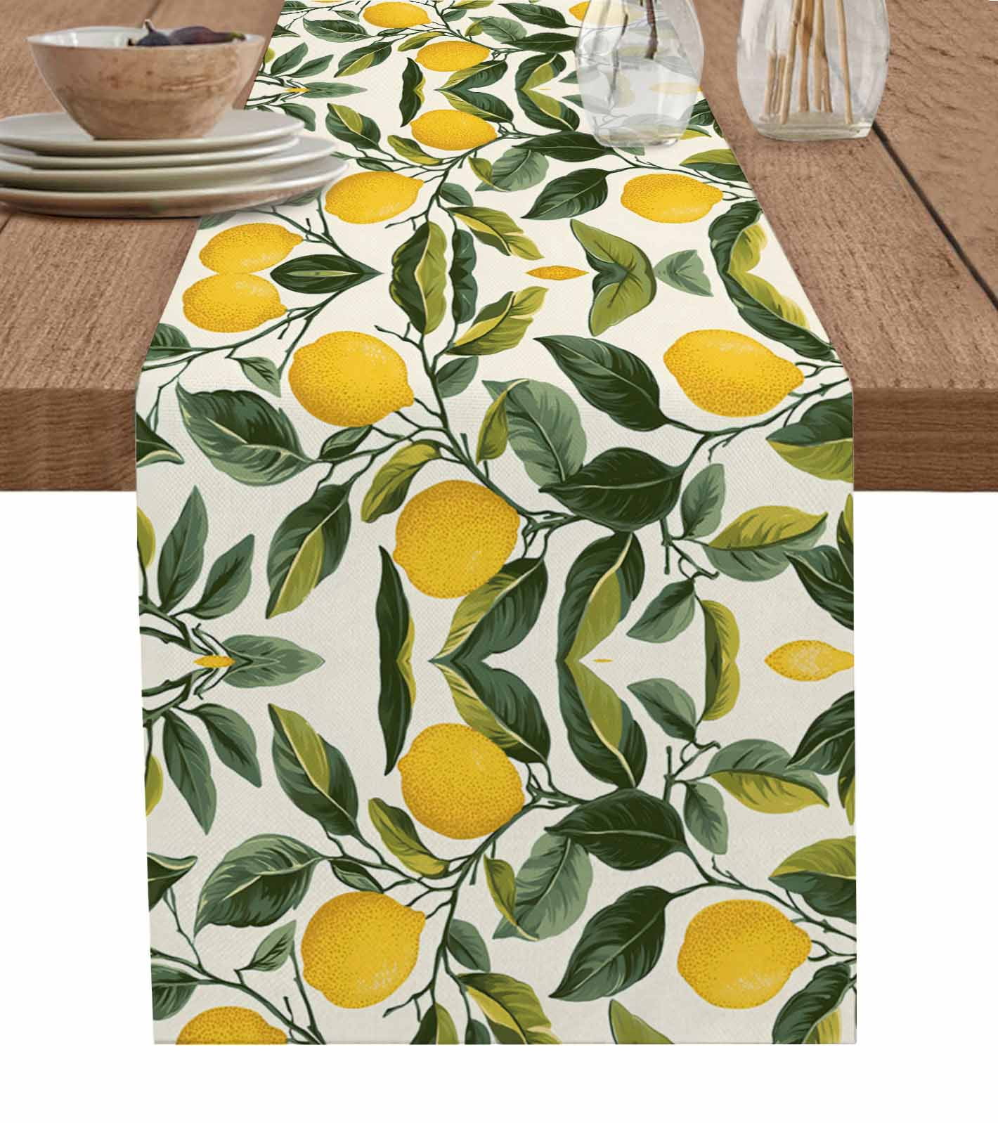 Lemon Burlap Cotton Table Runner 13x108 Inches Long, Watercolor Summer ...