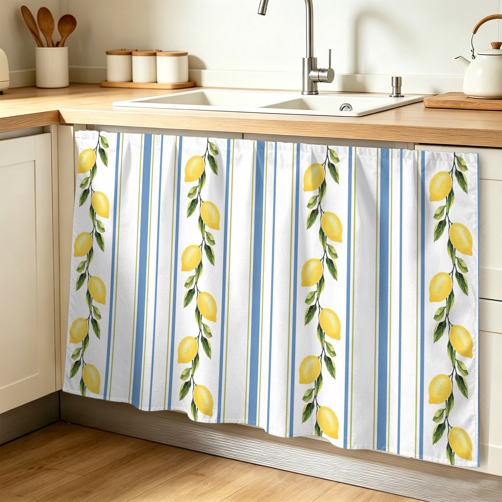Lemon Cabinet Curtain, Blue Striped Sink Skirt for Bathroom, Under Sink ...
