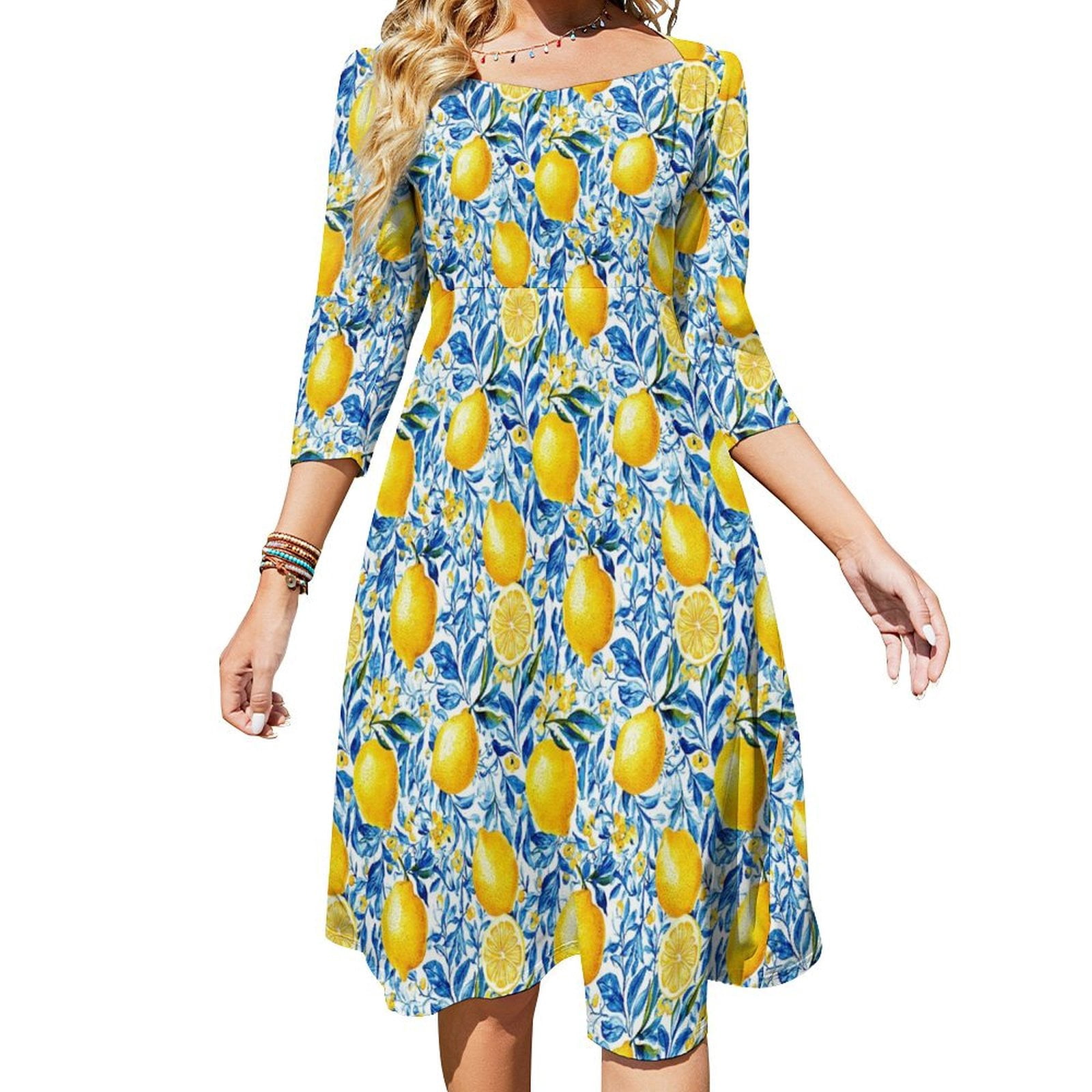 Lemon Chinoiserie Blue Flare Dress Square Neck Dress Elegant Female ...