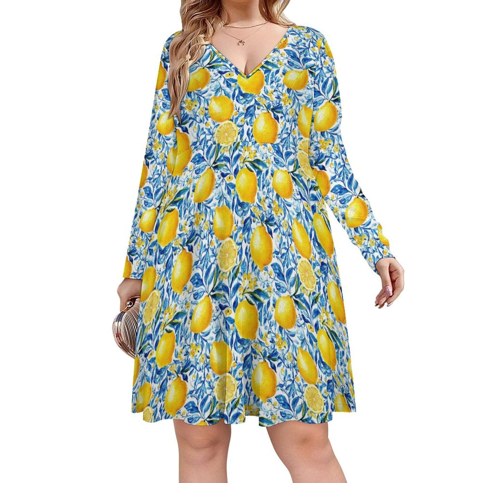 Lemon Chinoiserie Blue Long Sleeve Dresses For Women Vintage Elegant ...