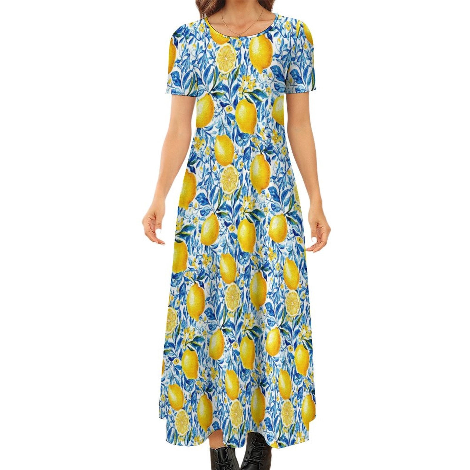 Lemon Chinoiserie Blue Maxi Dress for Women Crew Neck Beach Dress Short ...