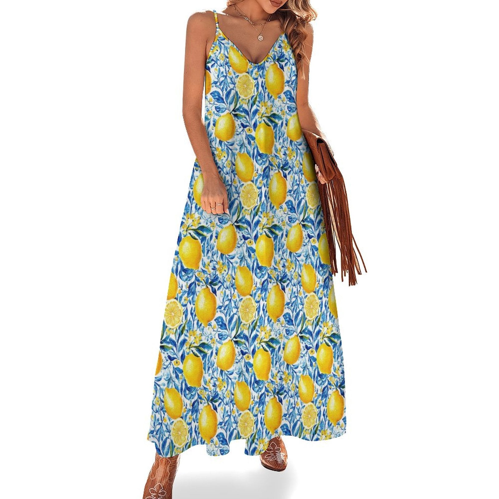 Lemon Chinoiserie Blue Sleeveless Dress Women's Evening Dress Womans ...