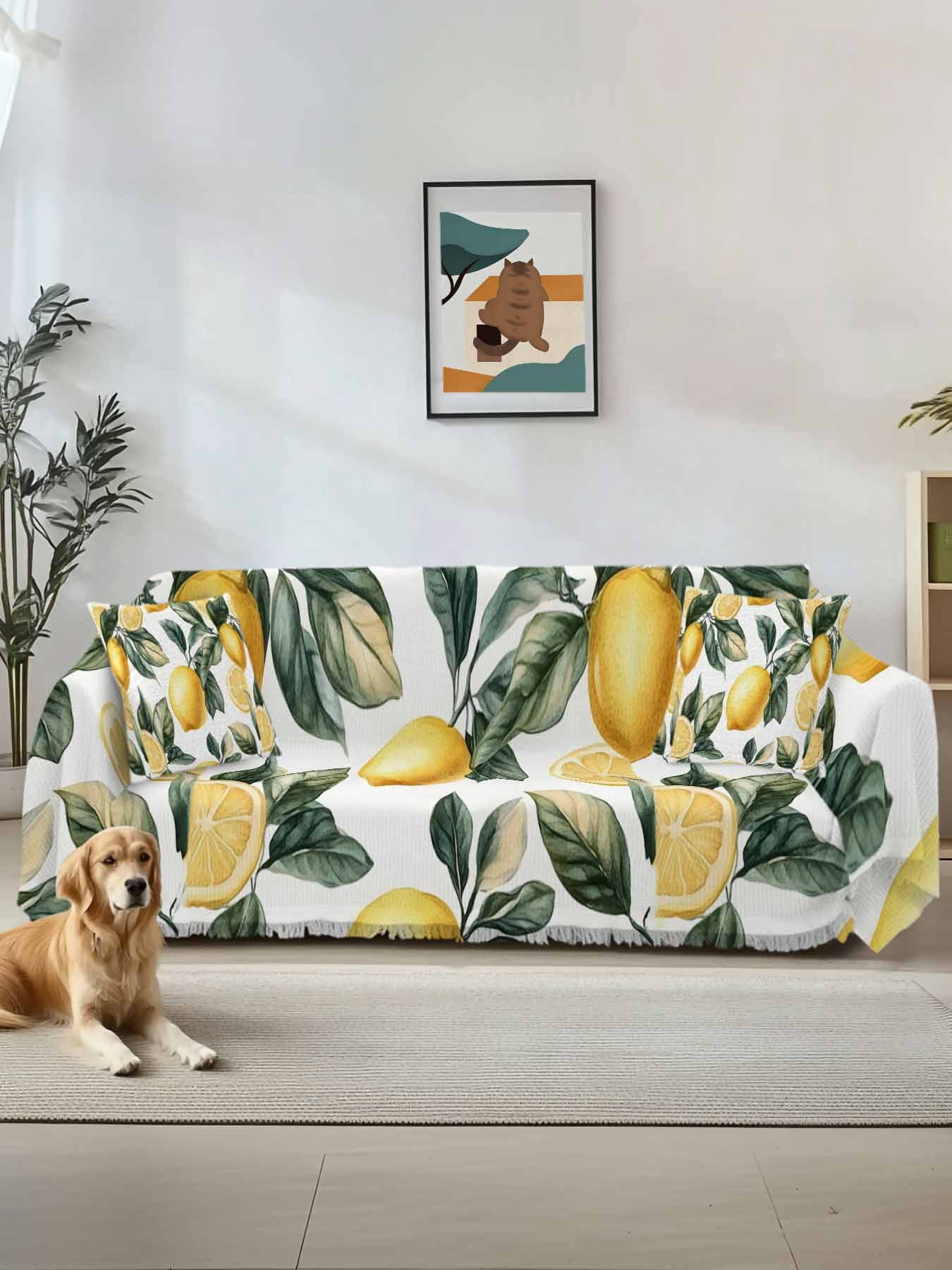 Lemon Couch Cover for 2 Cushion Sofa, Summer Yellow Fruit Country ...