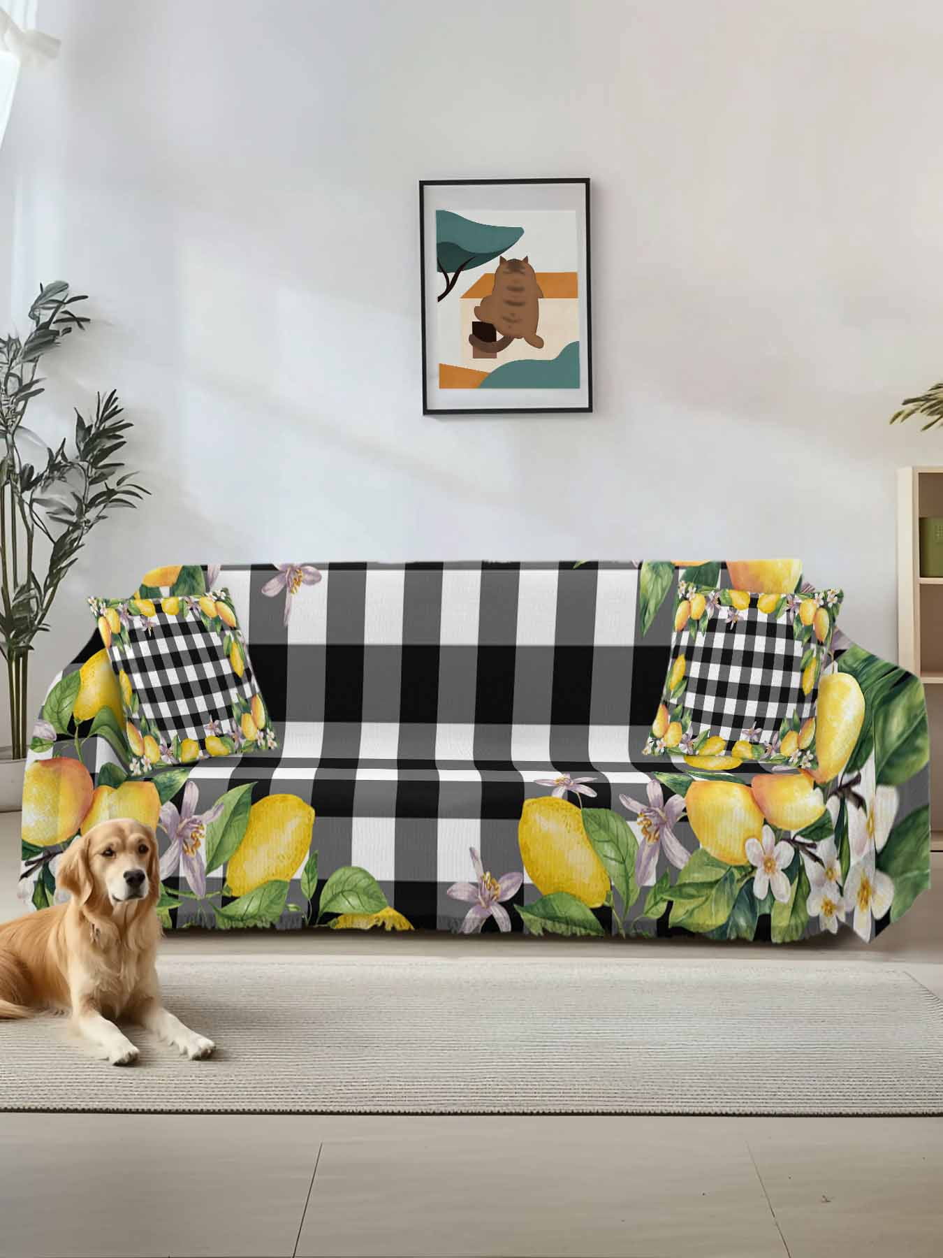 Lemon Couch Cover, Black Plaid Check Yellow Fruit Flower Floral ...