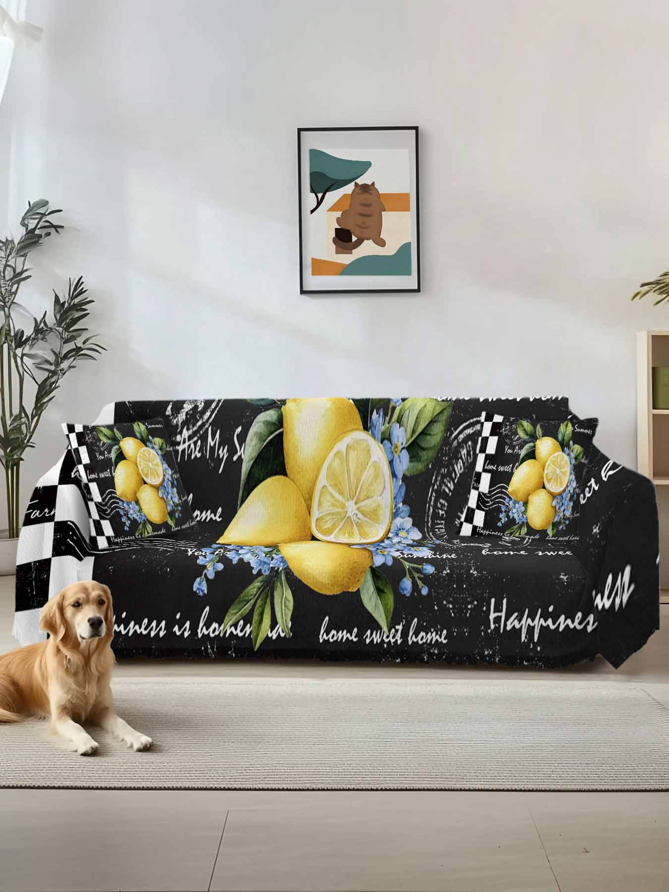 Lemon Couch Cover, Spring Summer Black White Checkered Plaid Sofa Cover ...