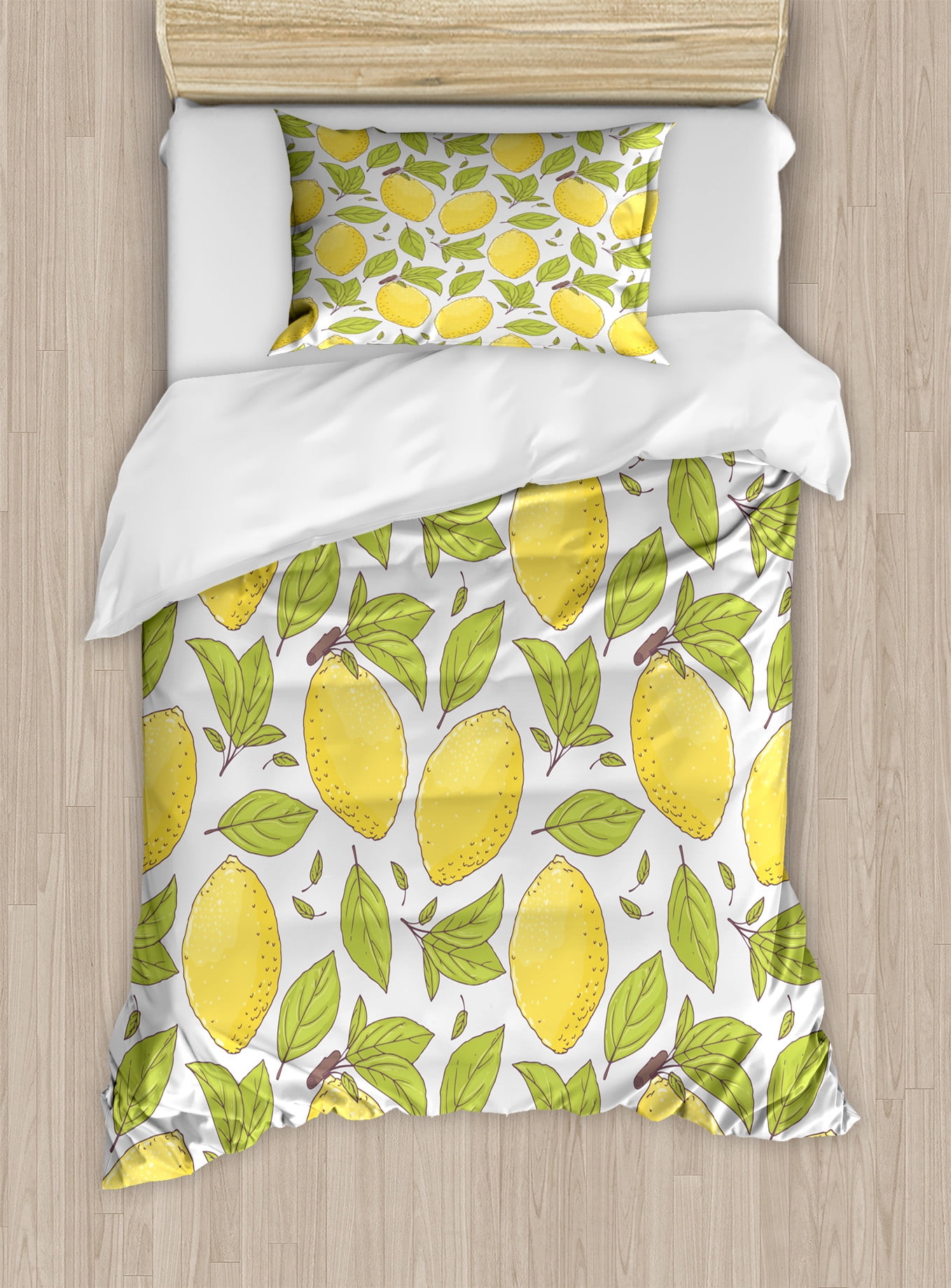 Lemon Duvet Cover Set, Lemonade Fruit and Leaves Doodle Fresh Along ...
