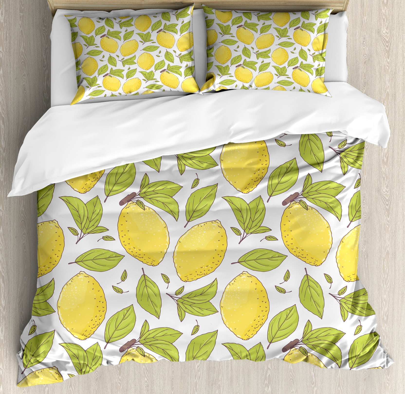 Lemon Duvet Cover Set, Lemonade Fruit and Leaves Doodle Fresh Along ...