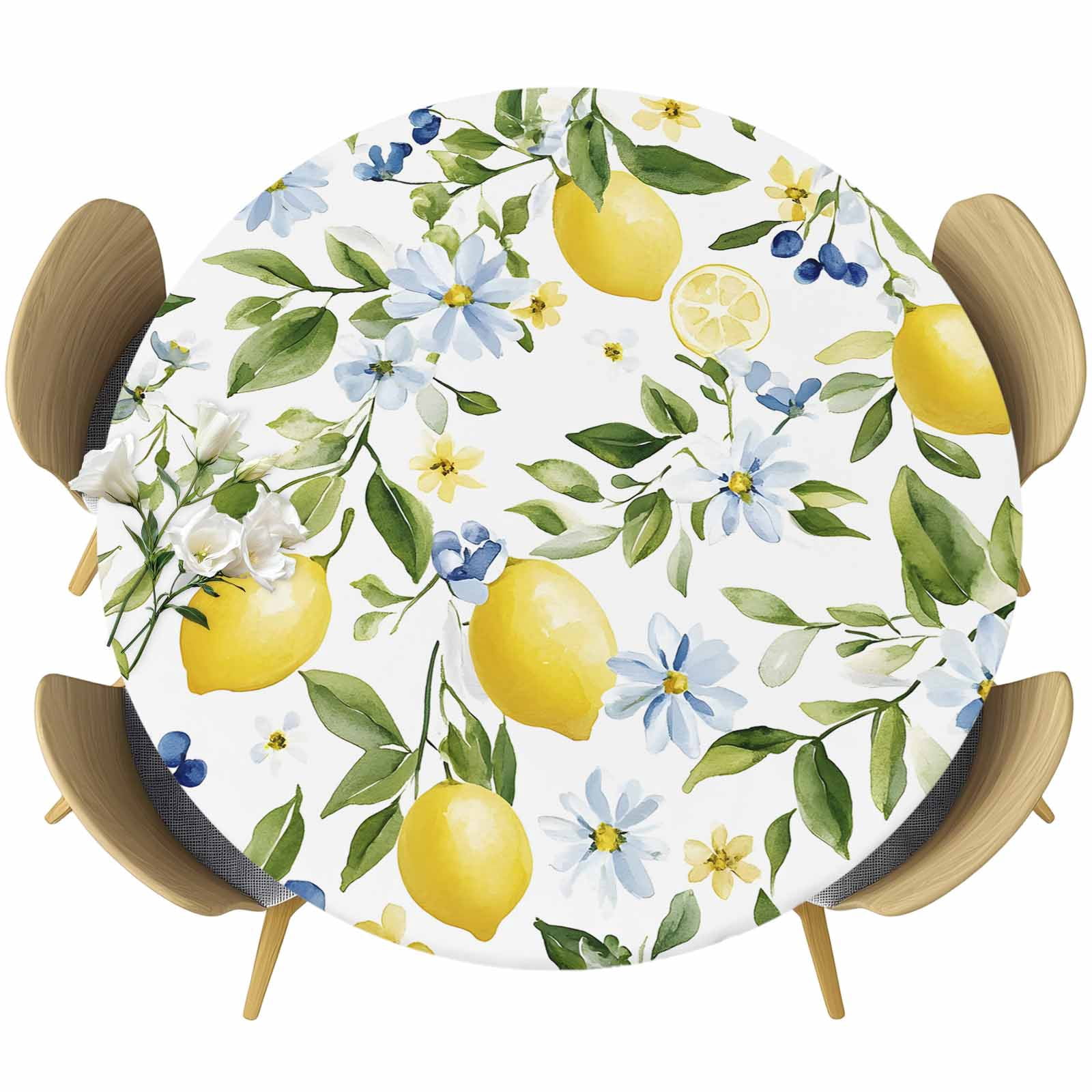 Lemon Eucalyptus Round Tablecloth, Fitted Table Cover with Elastic for ...