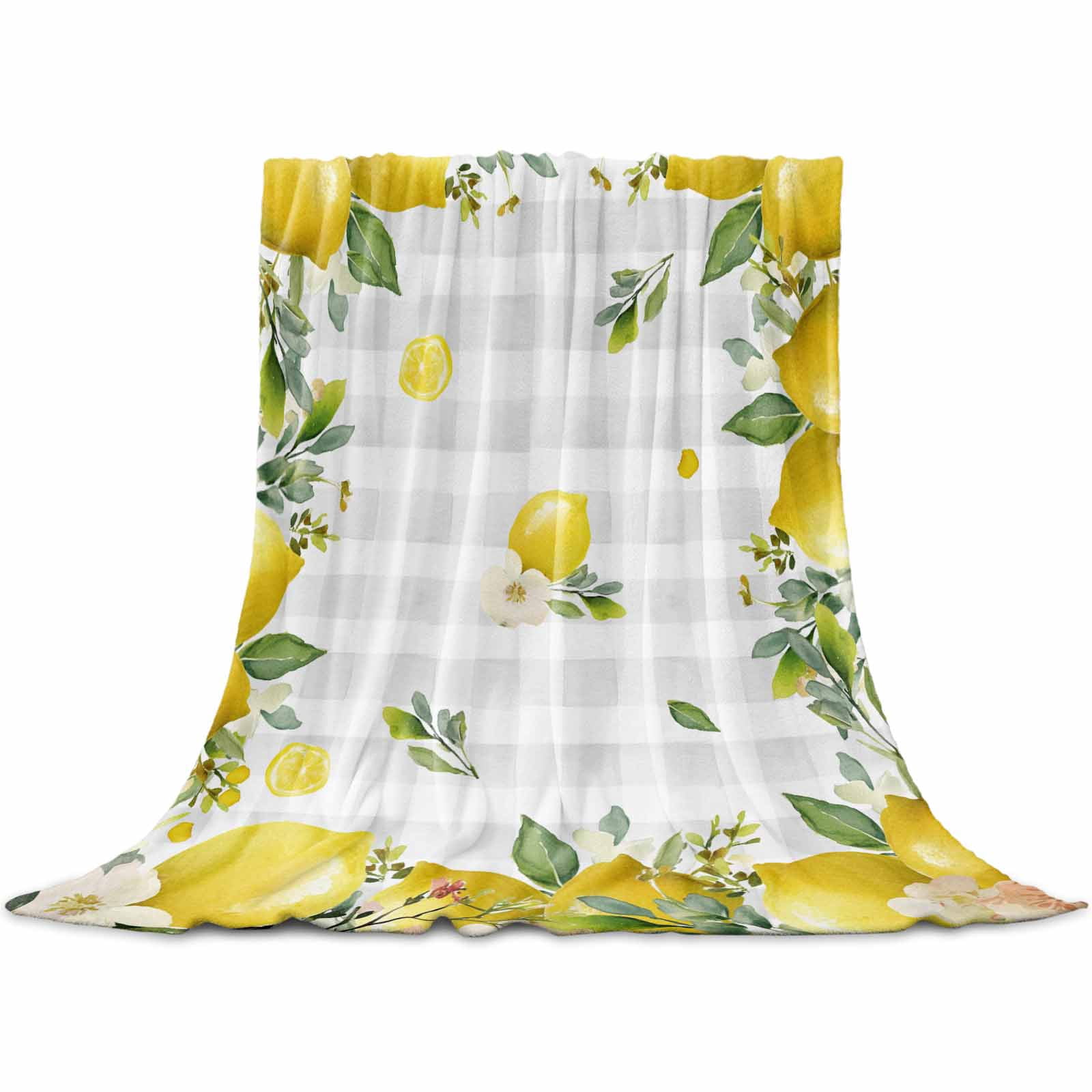 Lemon Farmhouse Flannel Blanket for Bed, Summer Fruit Botanical Grey ...