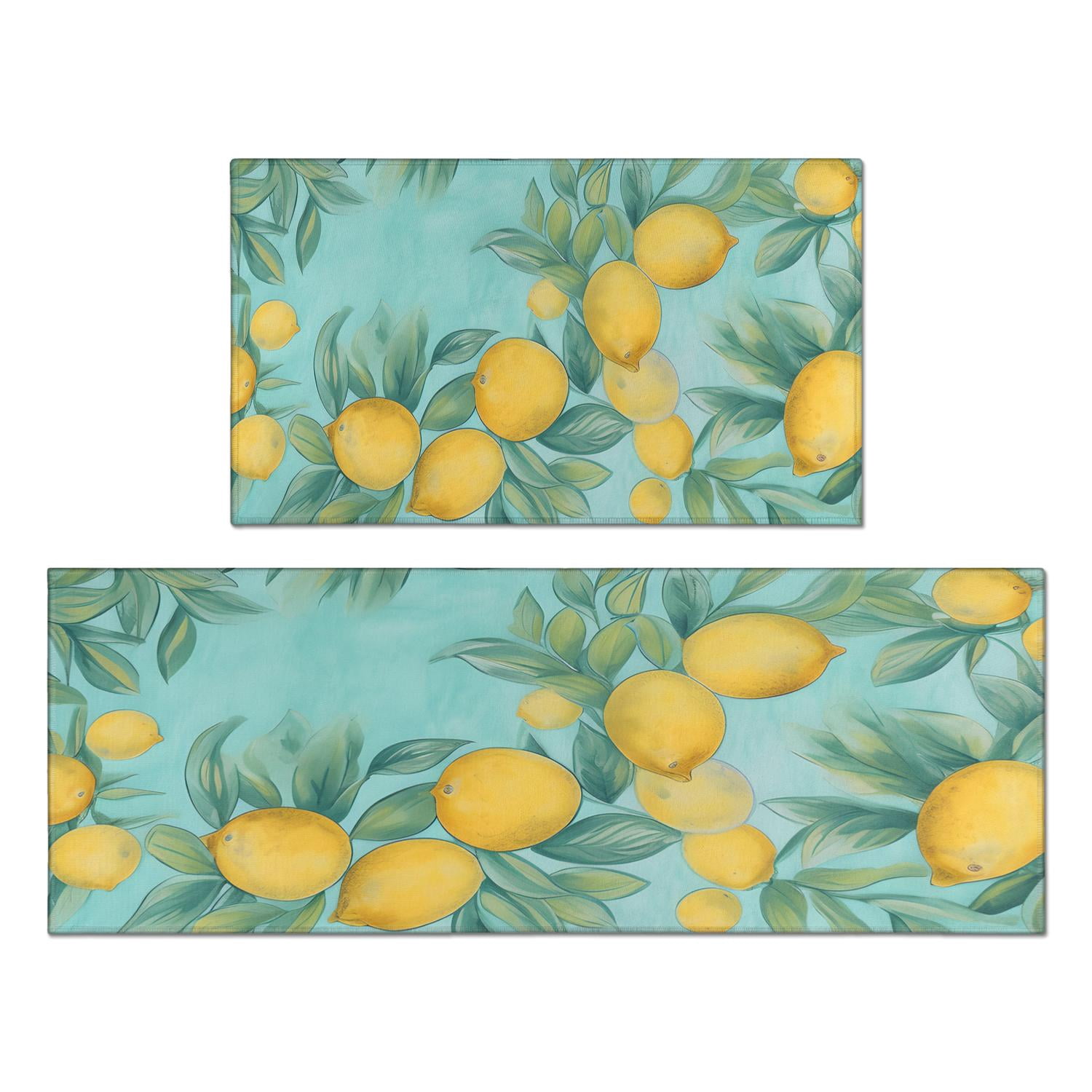 Lemon Farmhouse Rustic Yellow Green Kitchen Mat 2 Piece Set Cushioned ...