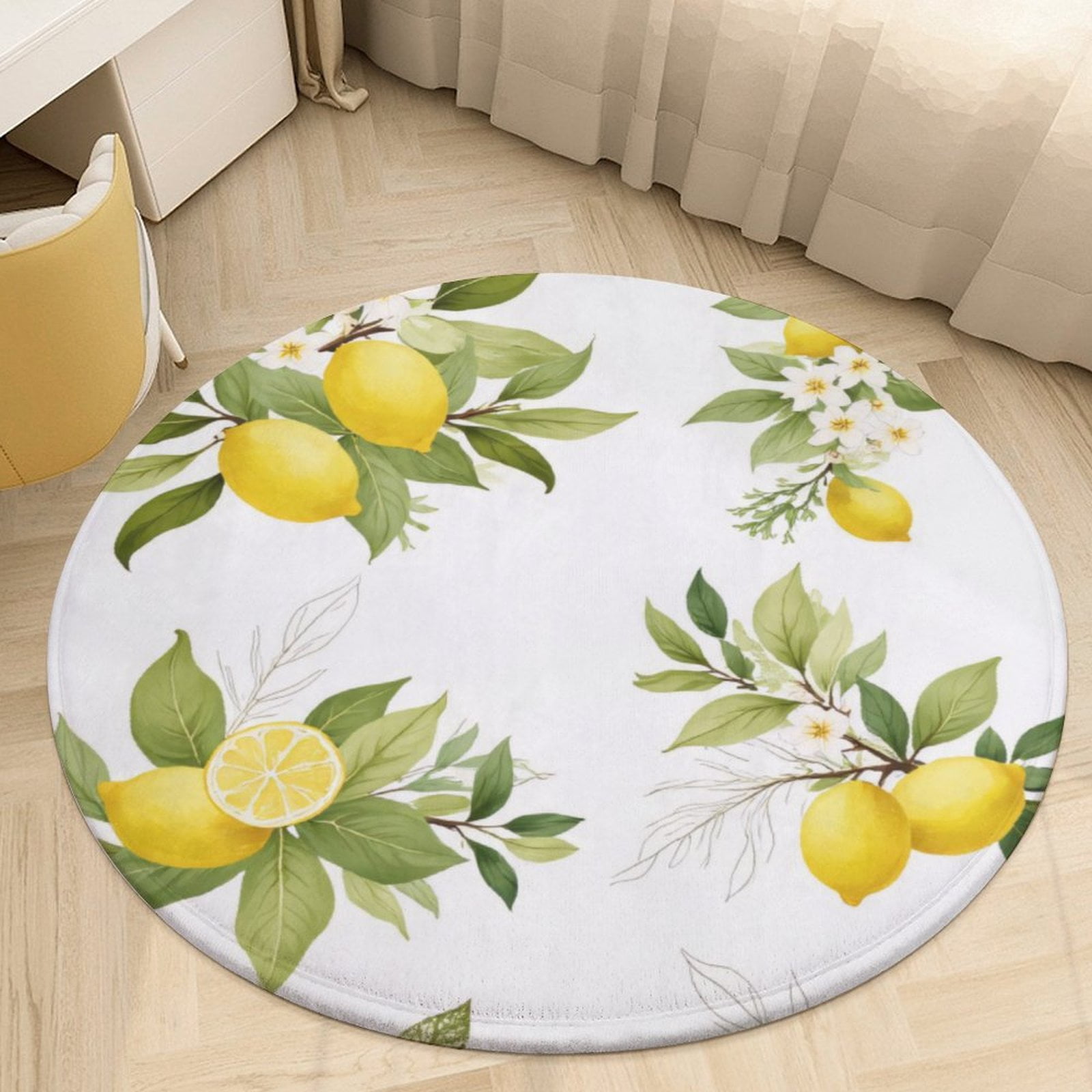 Lemon Floral Pattern Round Area Rugs for Bedroom Living Room, 4FT Soft ...