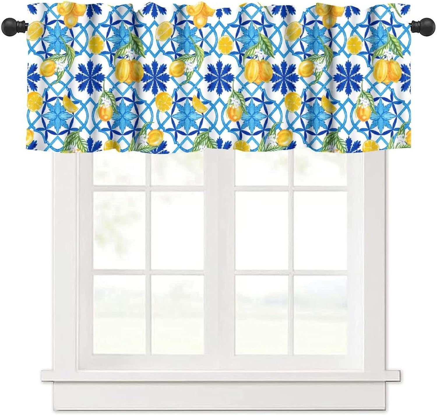 Lemon Floral Window Valance Curtains, Italian Navy Blue Tile Burlap ...