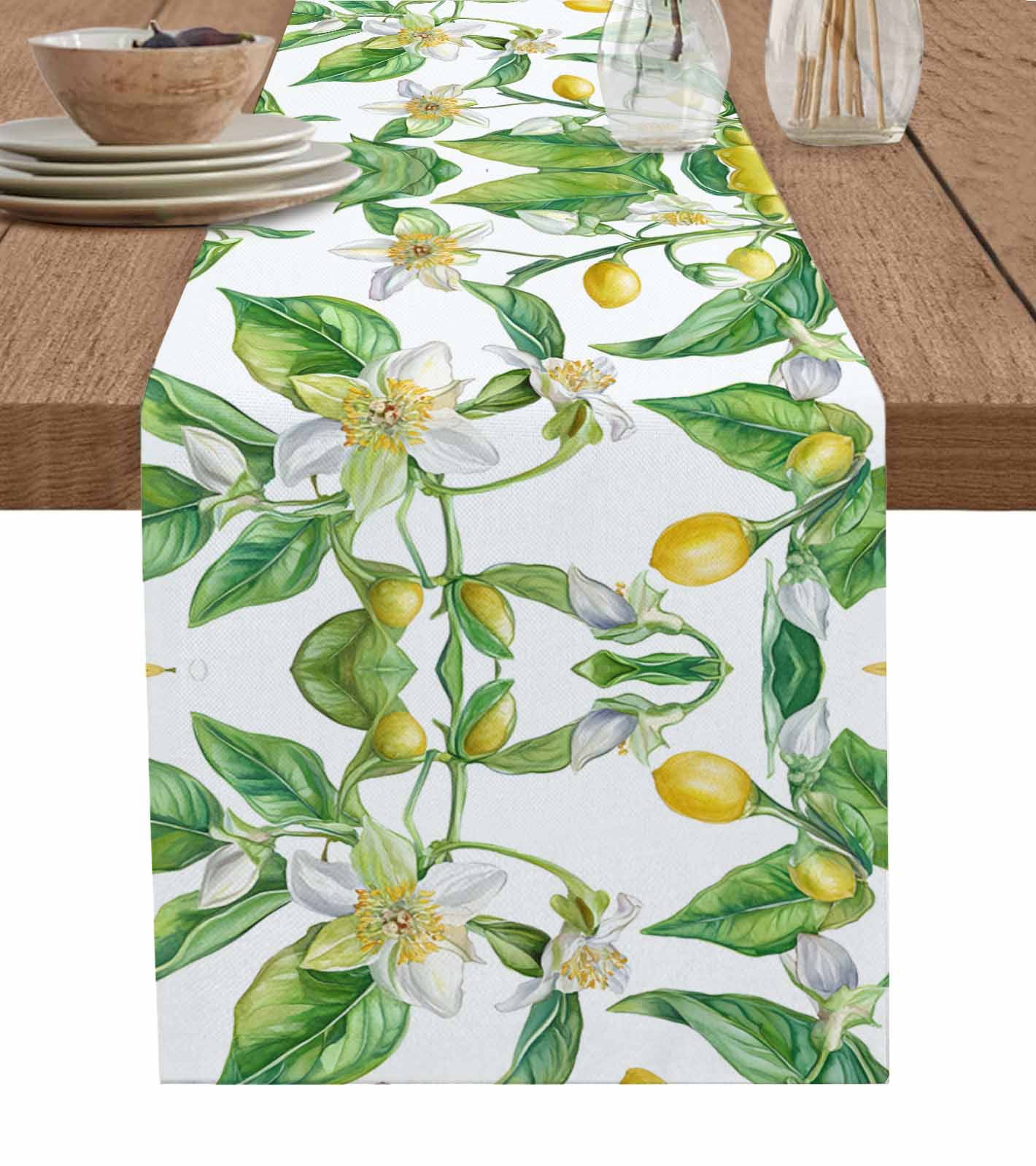 Lemon Flower Table Runner 72 Inches, Summer Leaves Watercolor Green Bed ...