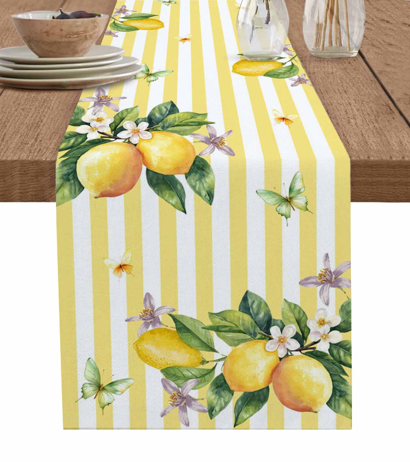 Lemon Flower Table Runner 90 Inches, Yellow Vertical Stripes Butterfly ...