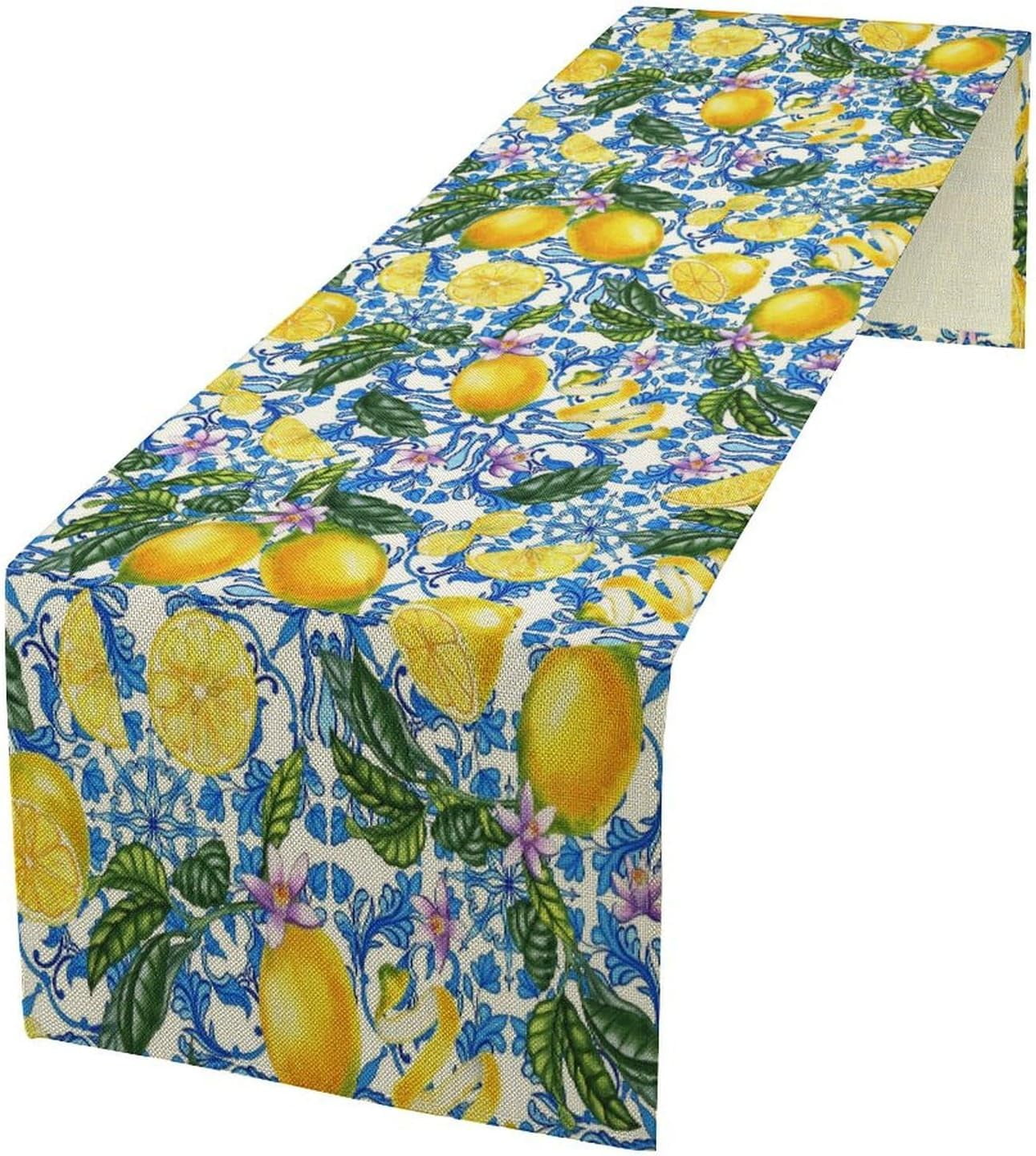 Lemon Flower Table Runner, Italian Navy Blue Tile Burlap Watercolor ...
