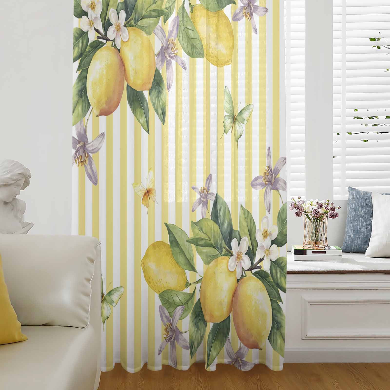 Lemon Flower Window Curtain 96 Inches Long,Yellow Vertical Stripes ...
