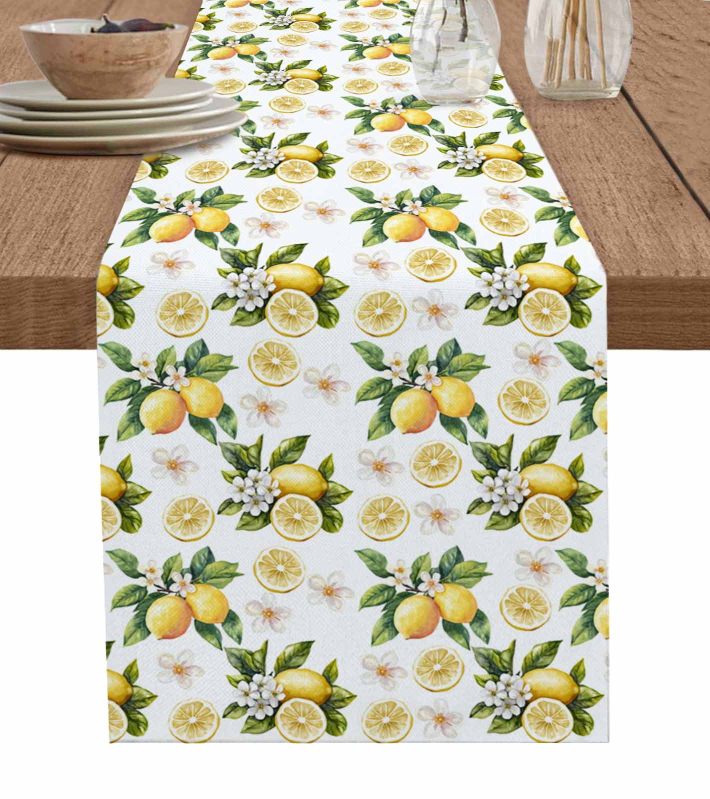Lemon Flowers Table Runner Cotton Linen 60 Inch Holiday Dresser Scarves ...