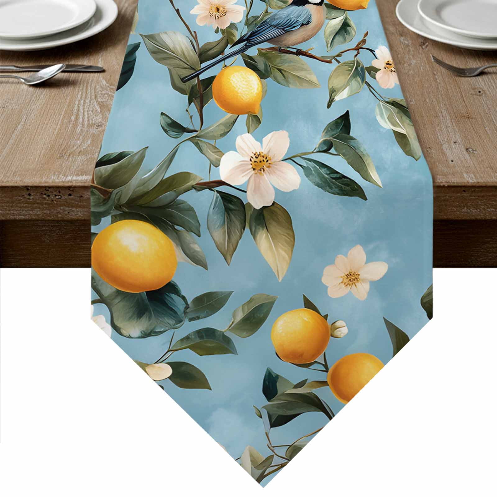 Lemon Flowers Table Runner Linen Burlap Table Runner 60 Inches Long ...