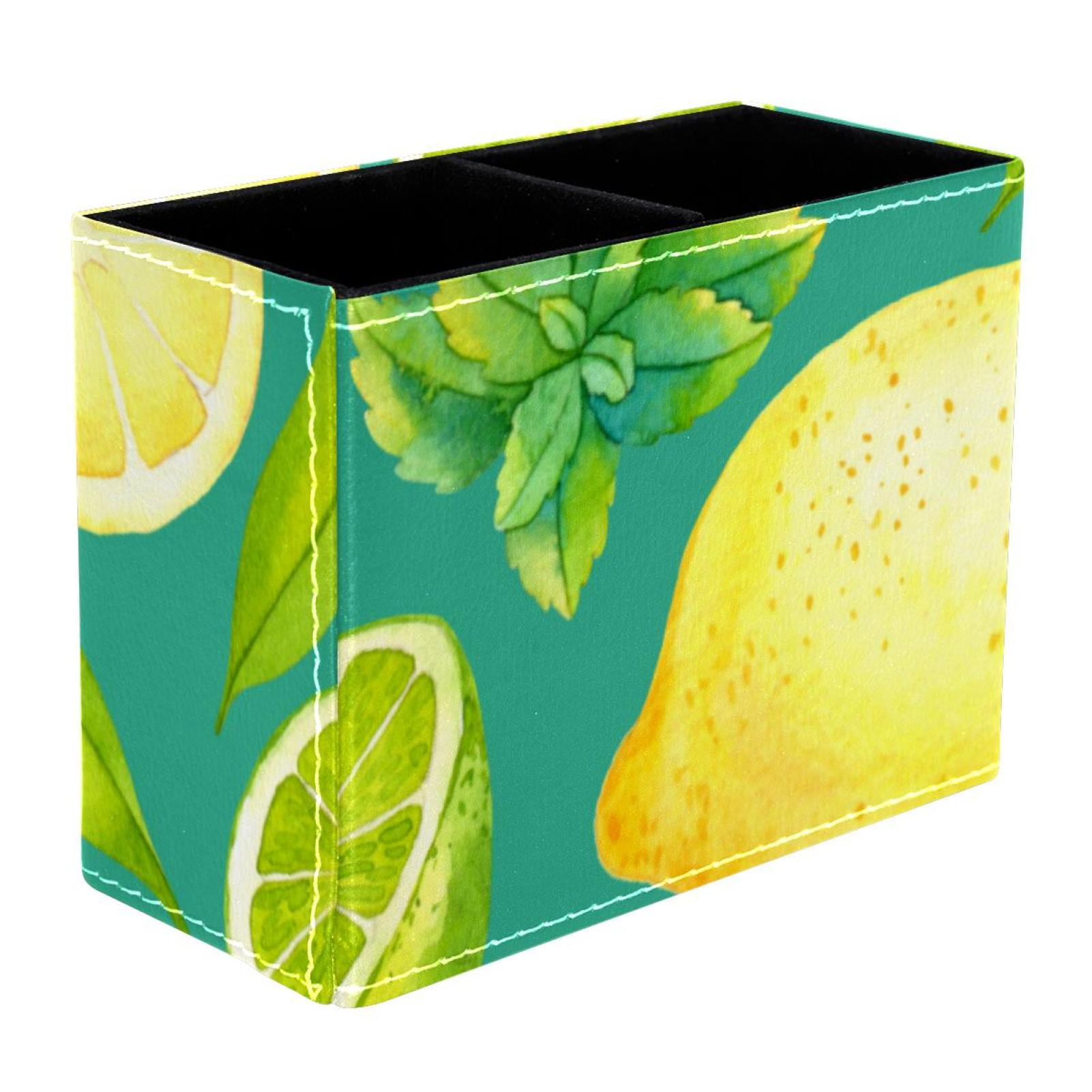 Lemon Fruit Green Pattern PVC Leather Brush Holder and Pen Organizer ...
