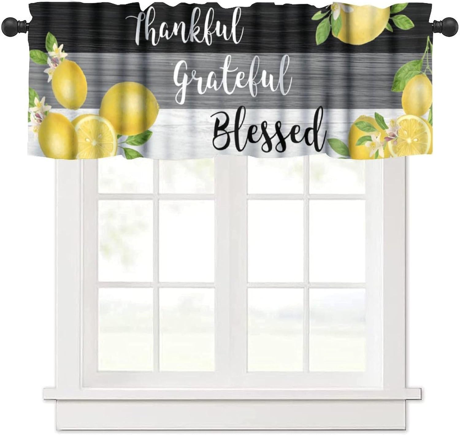 Lemon Fruit Kitchen Curtain Valance, Yellow Fruits Blessed Black Grey ...