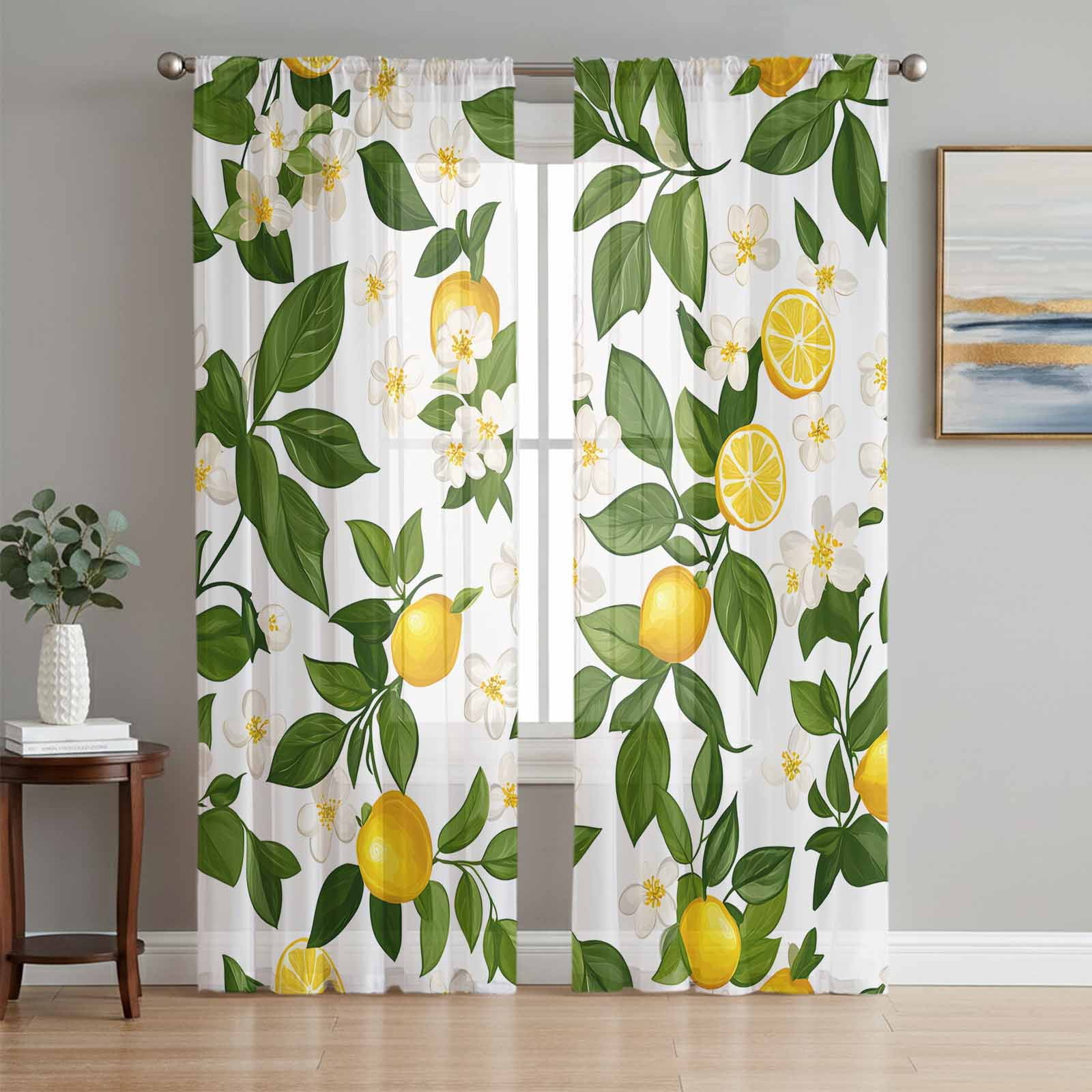 Lemon Fruit Sheer Curtains 72 Inch Length 2 Panels Set, Spring White ...