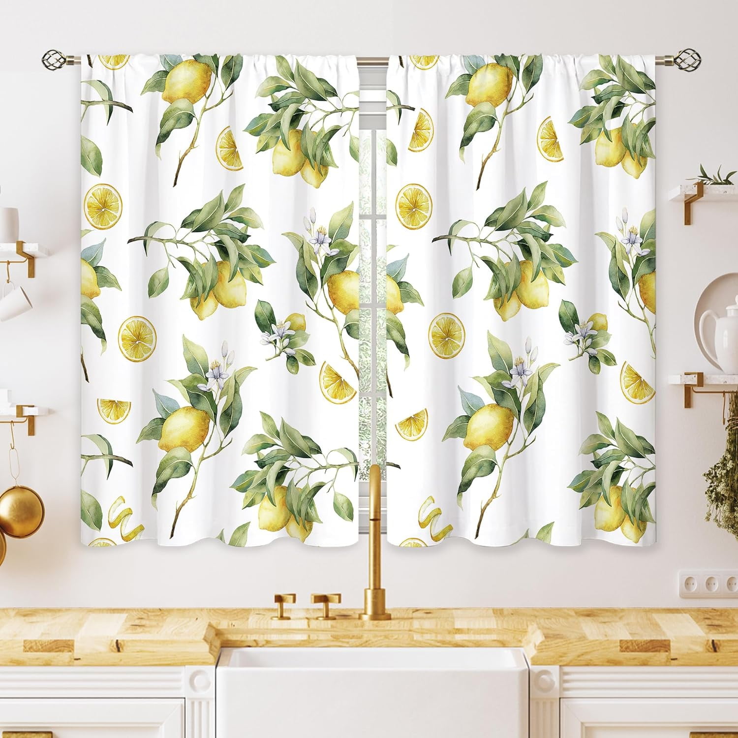 Lemon Fruit Small Kitchen Curtains Green Yellow Leaf Summer Window ...