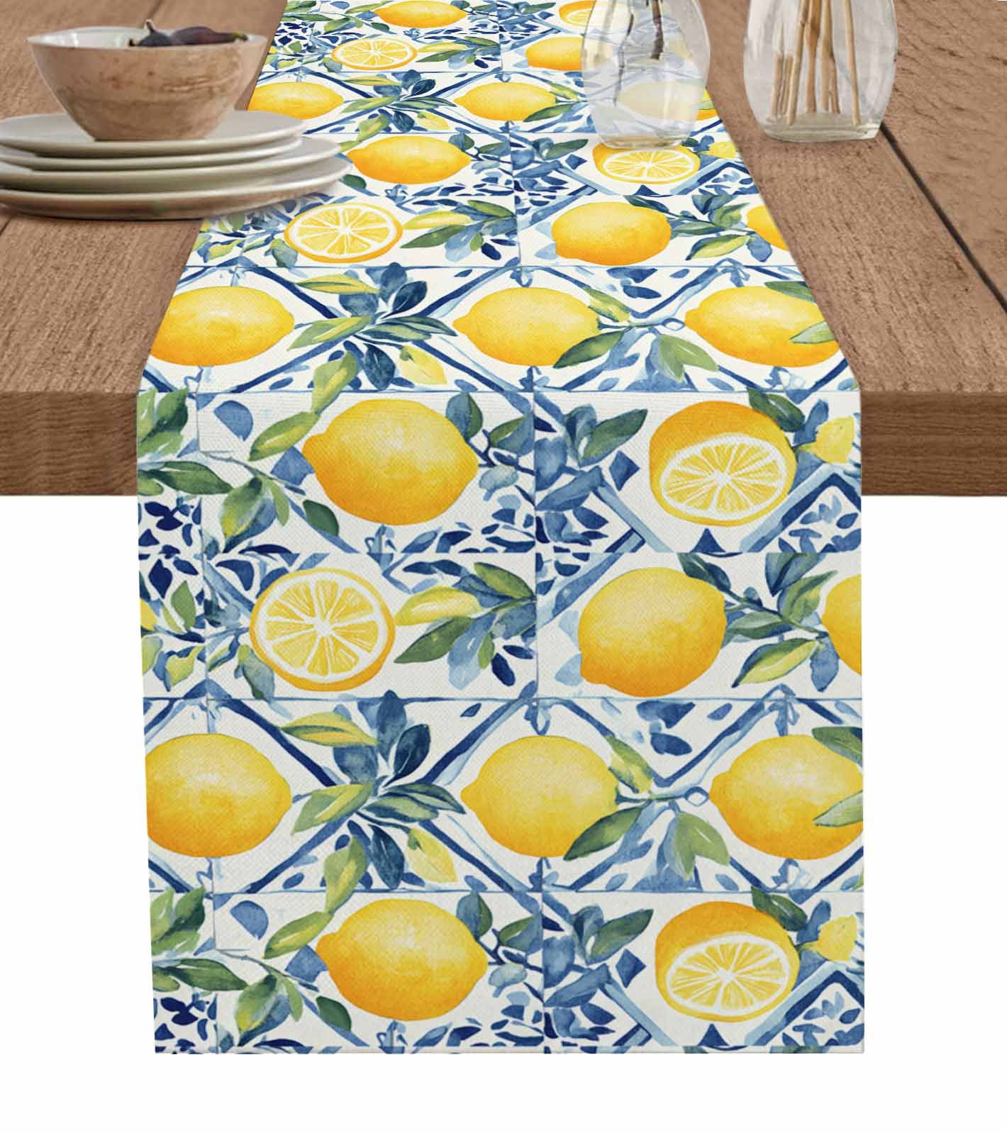 Lemon Fruit Table Runner 70 Inches, Spring Plants Abstract Blue Leaves ...