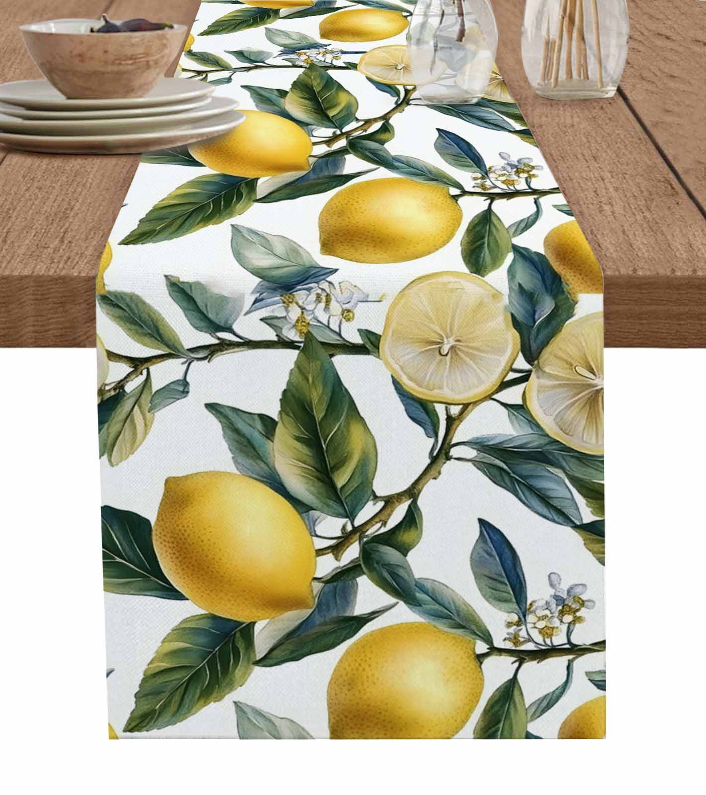 Lemon Fruit Table Runner 72 Inches, Retro Watercolor Farmhouse Leaf ...