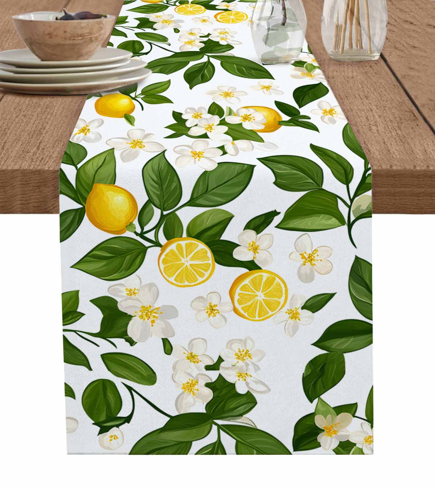 Lemon Fruit Table Runner 72 Inches, Spring White Flowers Green Leaves ...