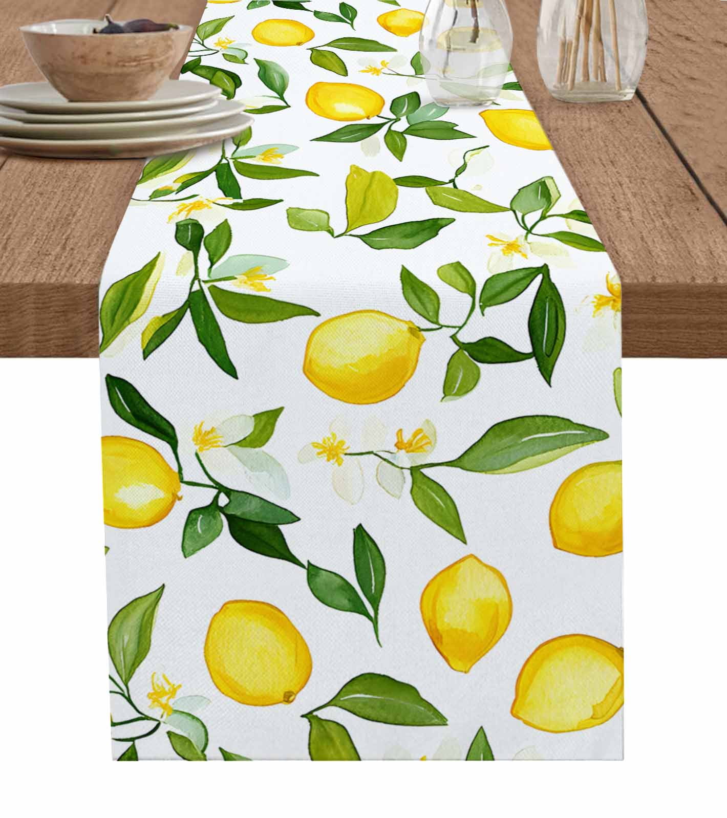 Lemon Fruit Table Runner 90 Inches, Spring Botanical Elegant Leaves Bed ...