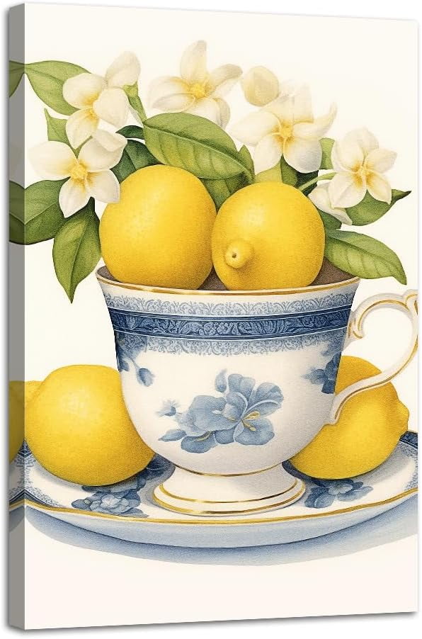Lemon Fruit Wall Art Lemon Tea Cup Picture Prints White Flower Canvas Poster Kitchen Food ...