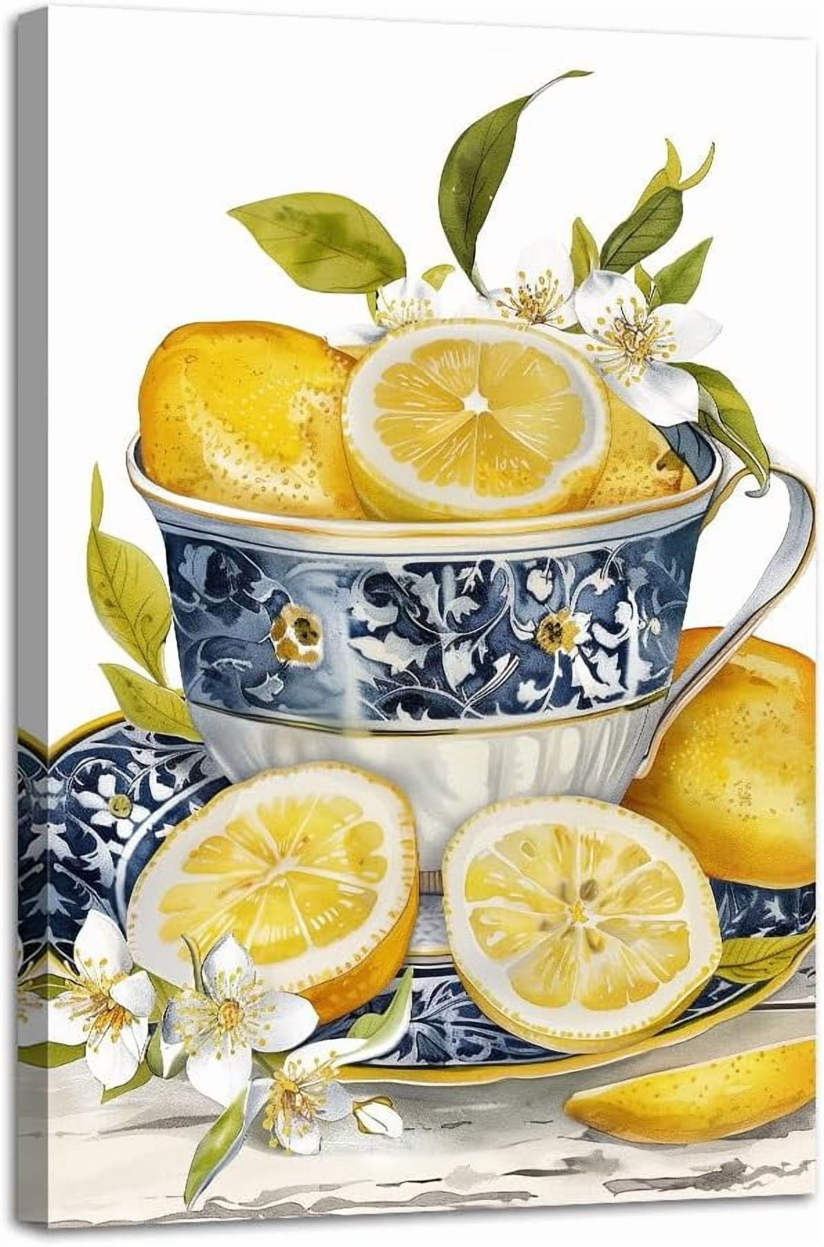 Lemon Fruit Wall Art Lemon Tea Cup Picture Prints White Flower Canvas Poster Kitchen Food ...