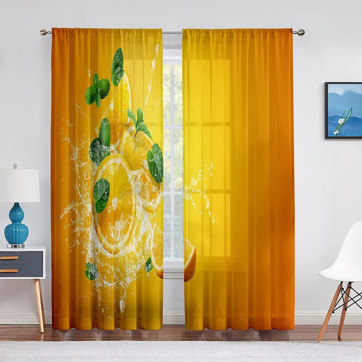 Lemon Fruits Green Leaves Paint Tulle Curtains for Bedroom Living Room ...