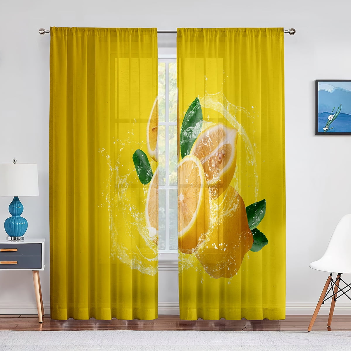 Lemon Fruits Green Leaves Paint Tulle Curtains for Bedroom Living Room ...
