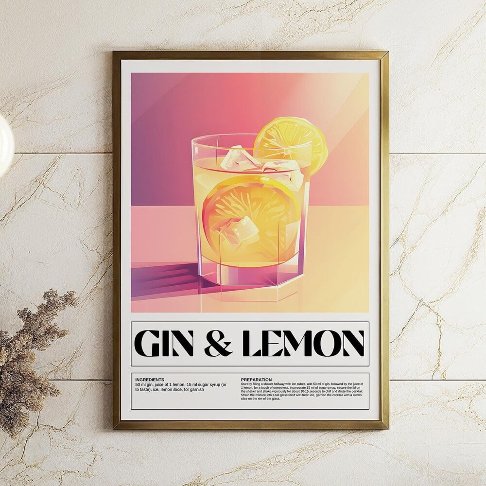 Lemon Gin Cocktail Recipe Print, Gin And Lemon Wall Art Print For Kitchen Wall, Home Bar Cart ...